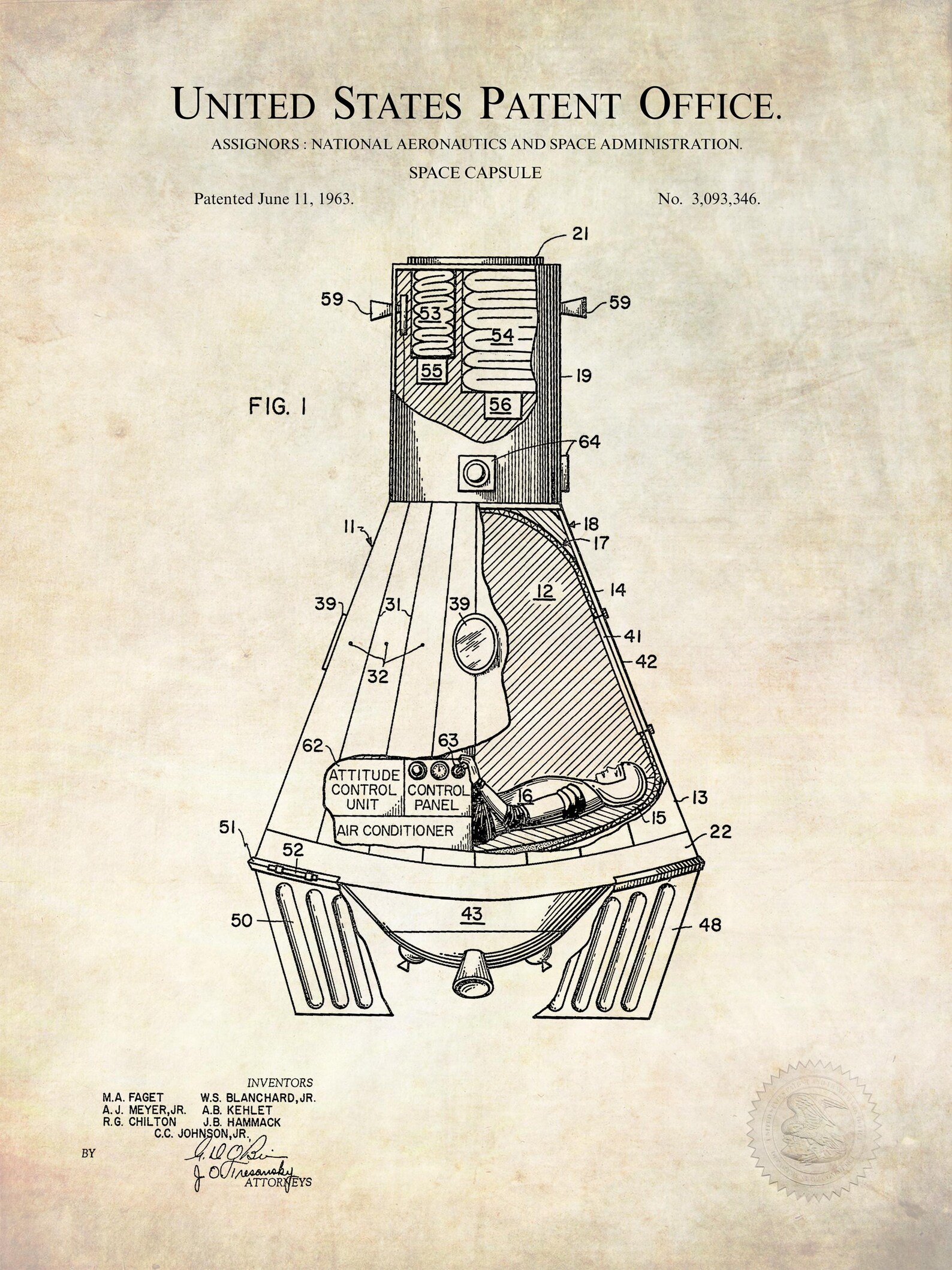 Early Space Exploration Decor | 1963 NASA Space Capsule Patent | Space ...