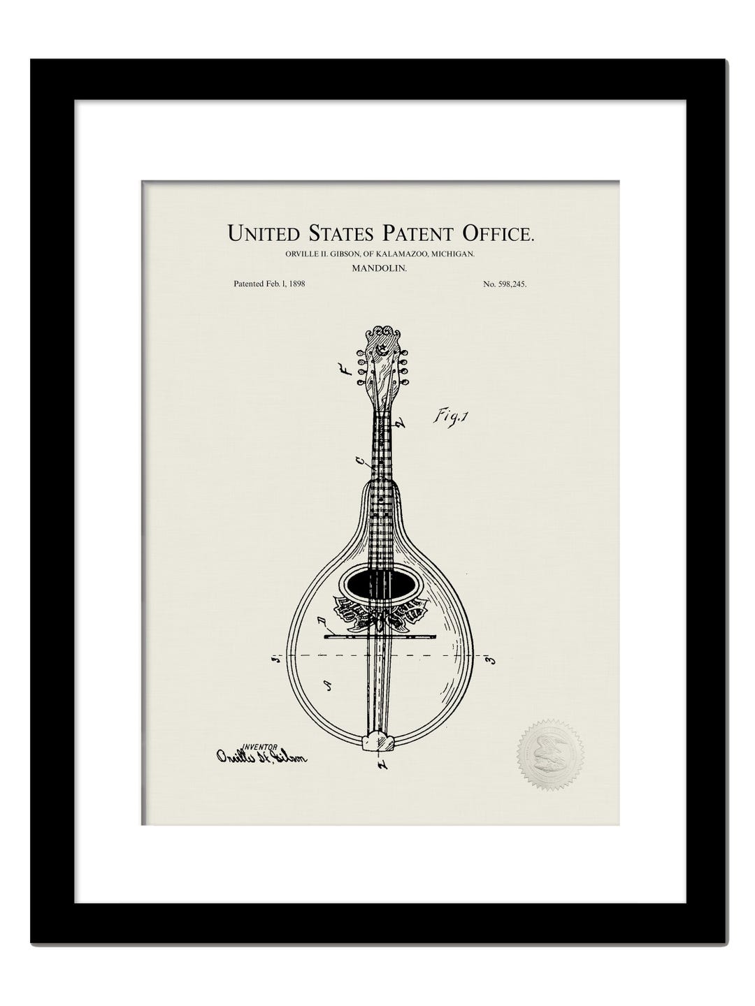 Classic Mandolin Print | 1898 Gibson Mandolin Patent | Vintage Music ...