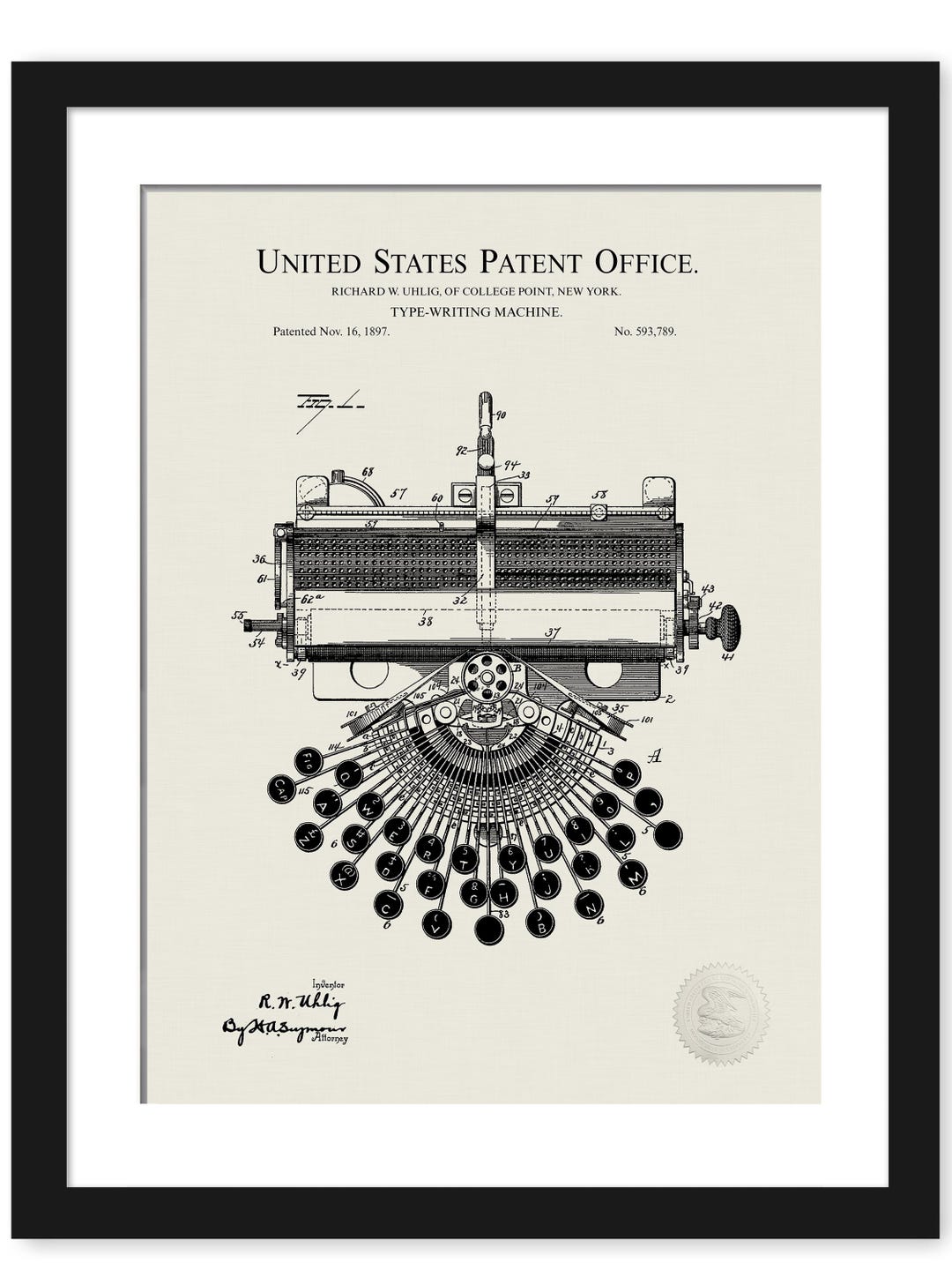 Classic Office Art | 1897 Type-writing Machine Patent | Office Decor ...