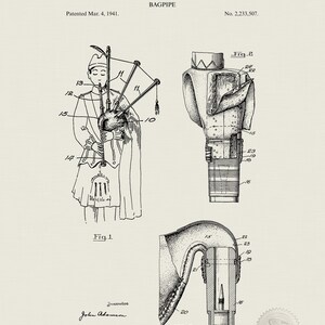 Vintage Bagpipe Patent Print | 1941 Traditional Musical Instrument ...