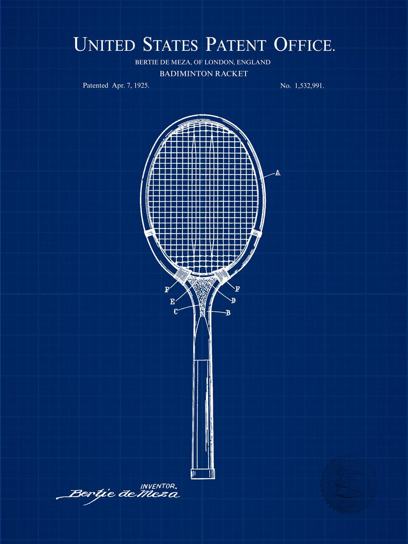 Vintage Badminton Racket Print | 1925 Sports Equipment Patent | Unique ...