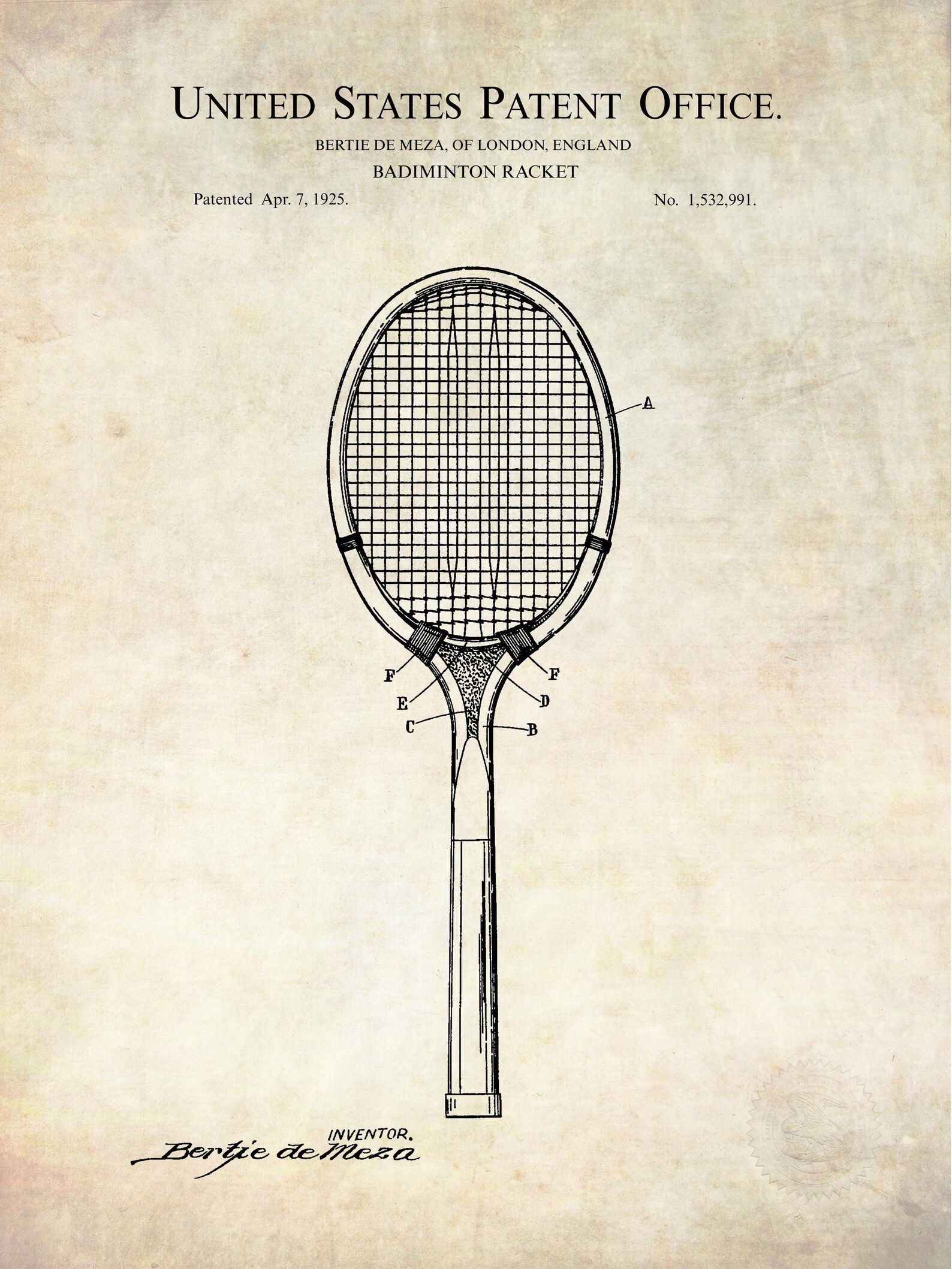 Vintage Badminton Racket Print | 1925 Sports Equipment Patent | Unique ...