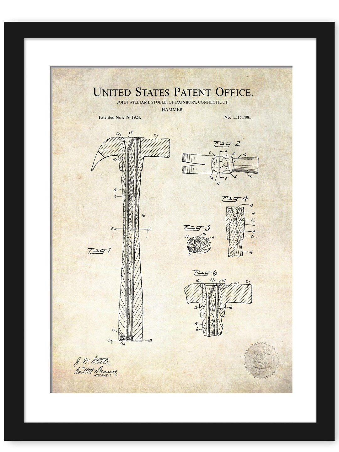 Antique Hammer Print | 1924 Hammer Design Patent | Gift for DIY ...
