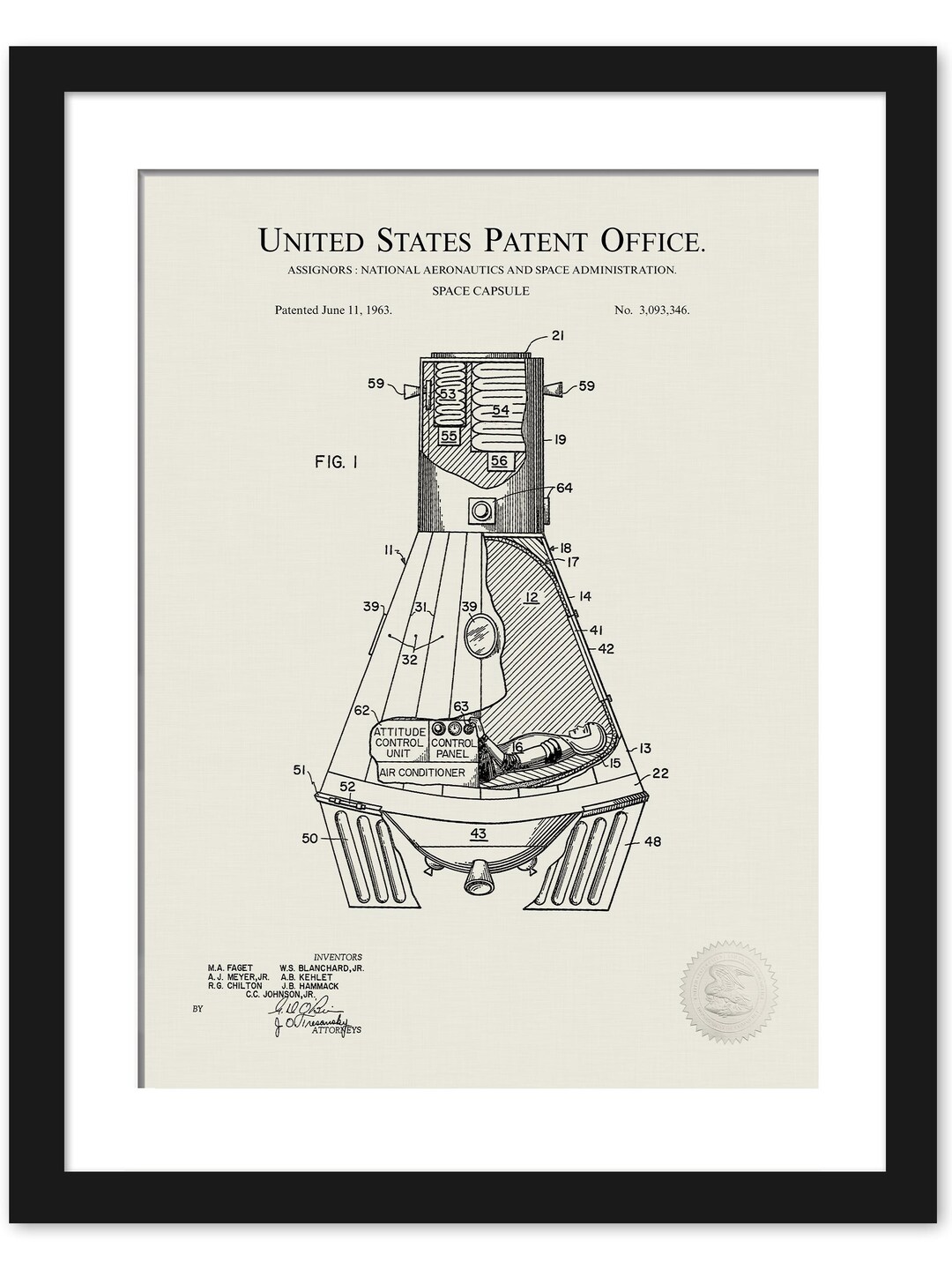Early Space Exploration Decor | 1963 NASA Space Capsule Patent | Space ...