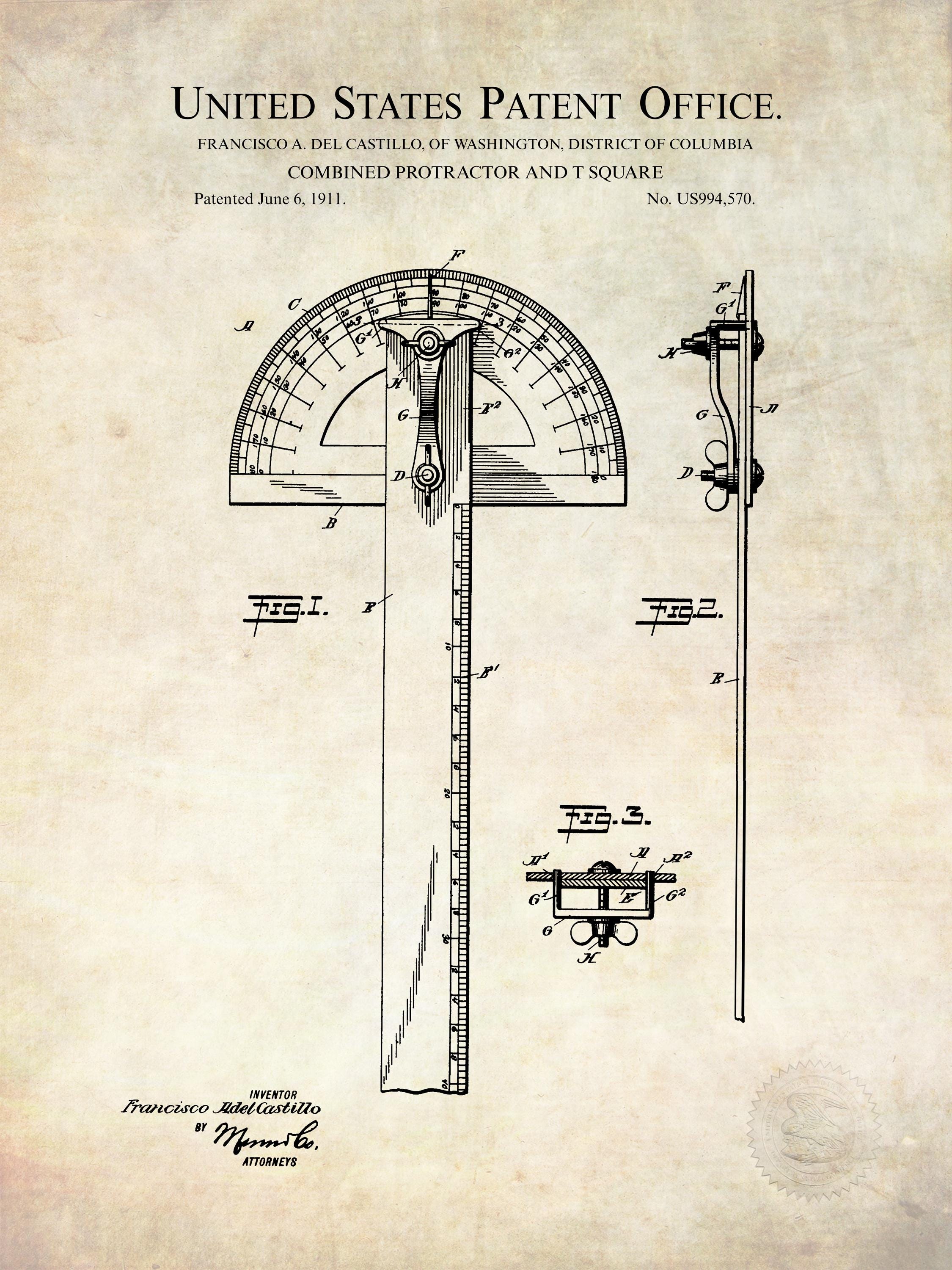 Architectural Protractor Art | 1911 Protractor & T-square Patent | Gift ...