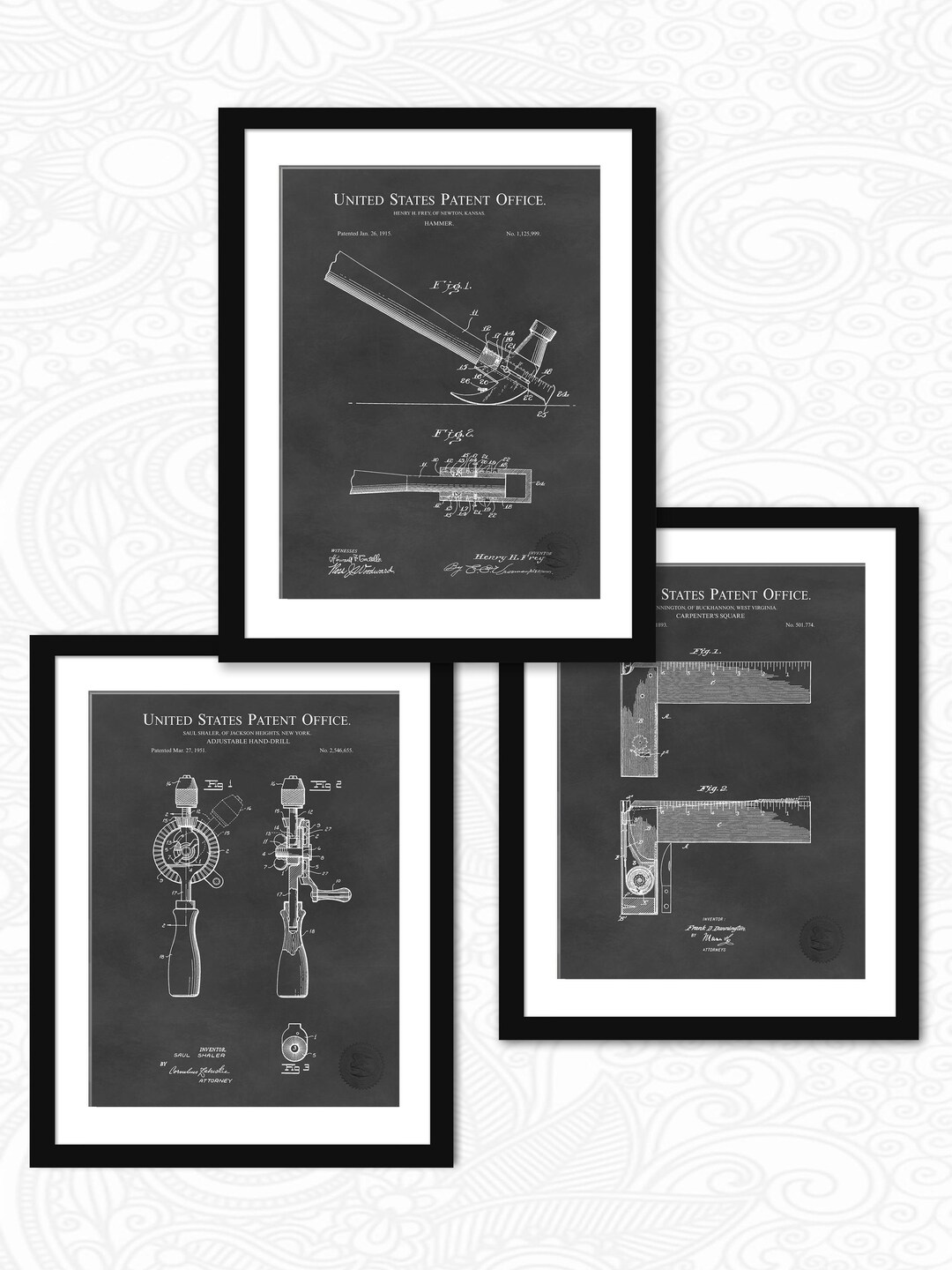 Vintage Carpentry Tool Art Set | Patent Prints of Hammer, Drill ...