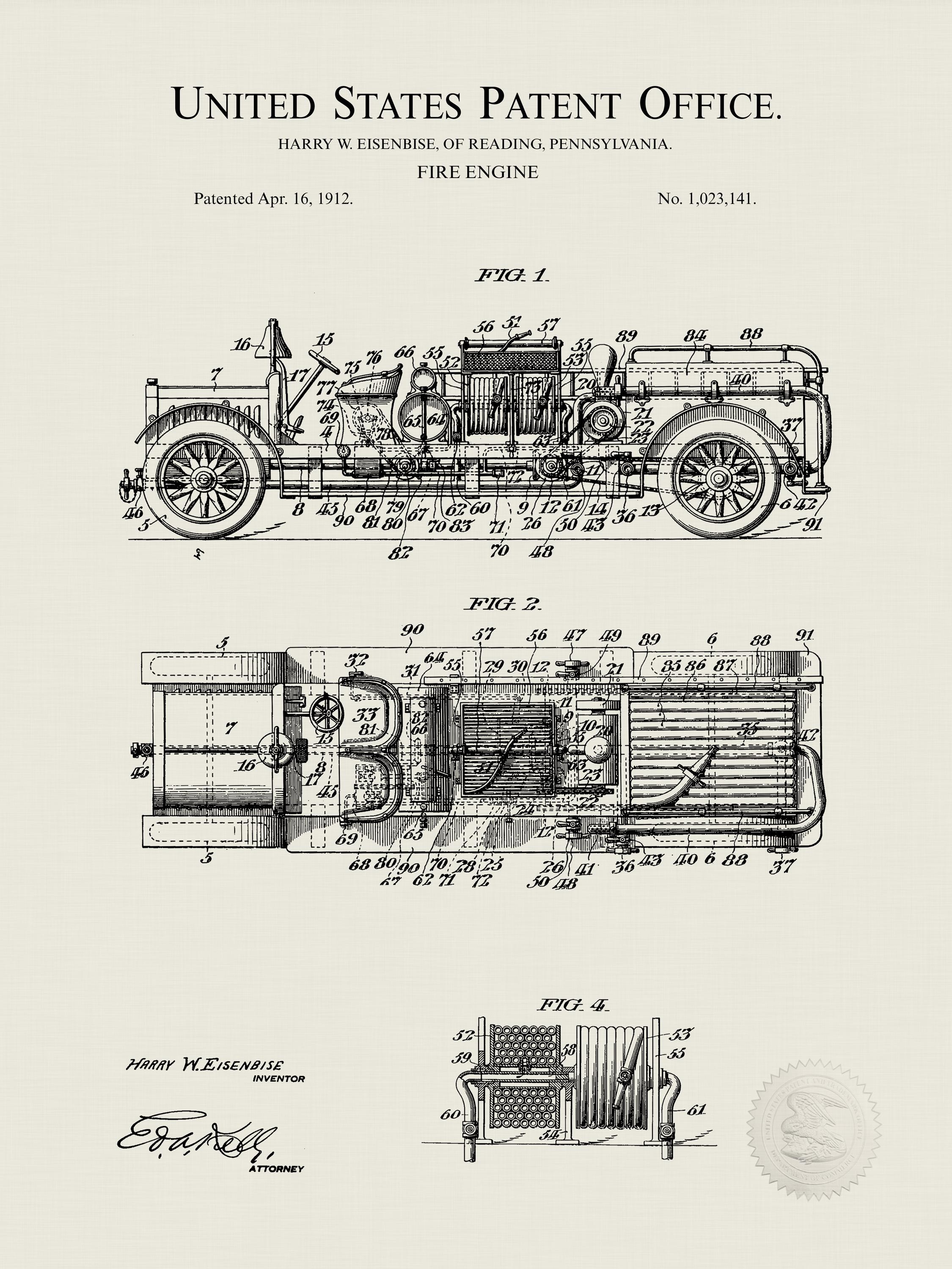 Historic Fire Engine Art | 1912 Fire Engine Patent | Unique Firefighter ...