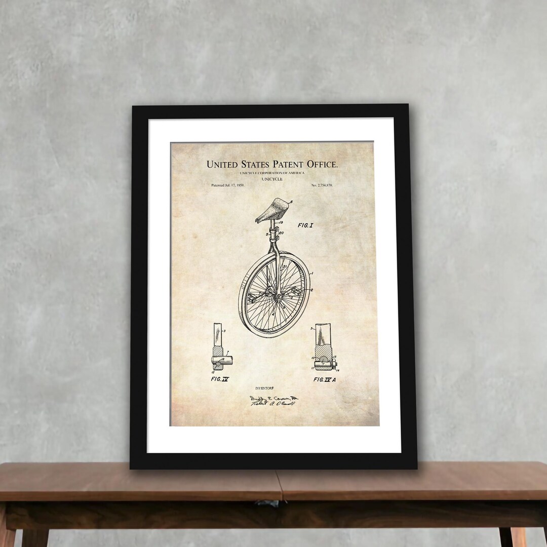 Classic Unicycle Patent Print | 1959 Unicycle Design - Unique Wall Art ...