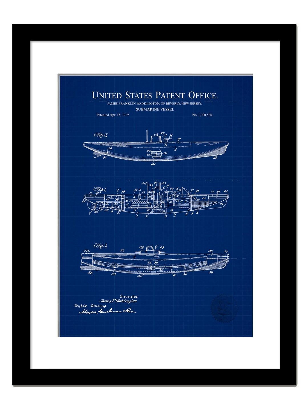 Vintage Submarine Vessel Art | 1919 Naval Invention Patent | Nautical ...
