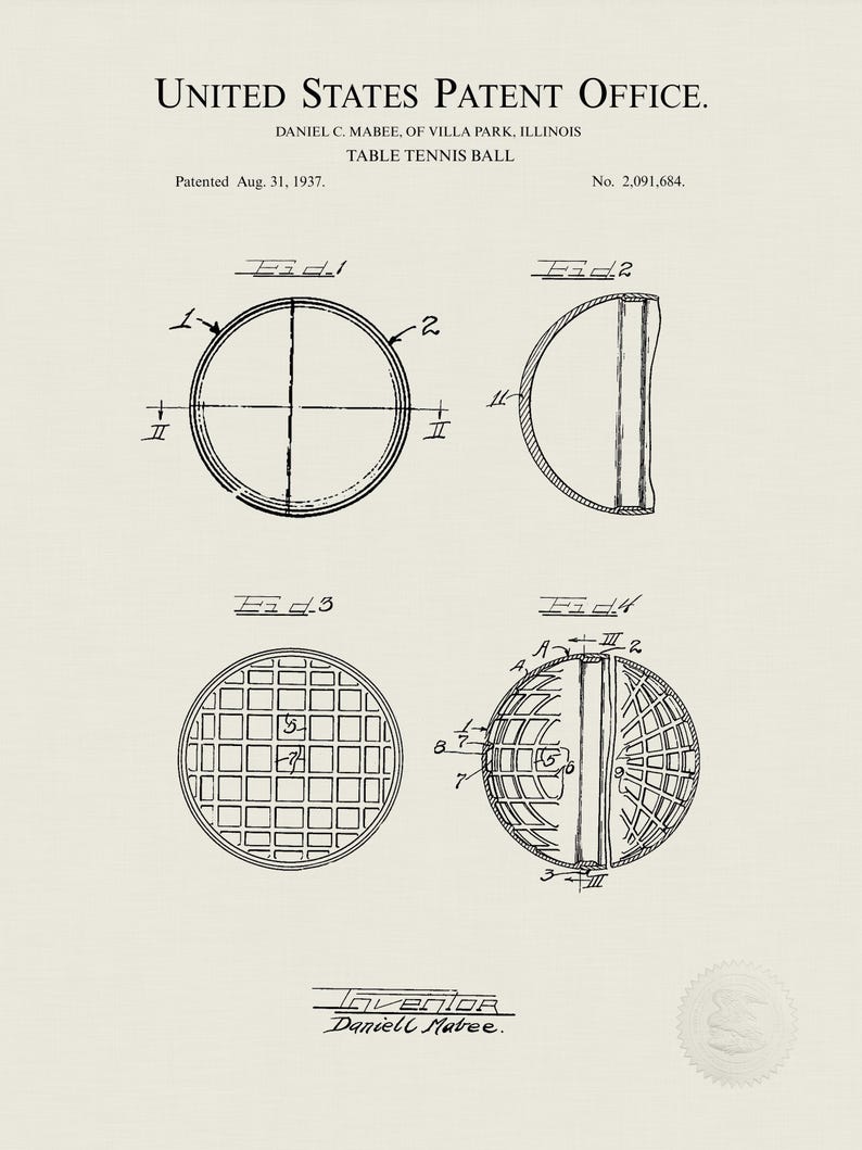 1937 Table Tennis Ball Patent | Vintage Ping Pong Art Print | Game Room ...
