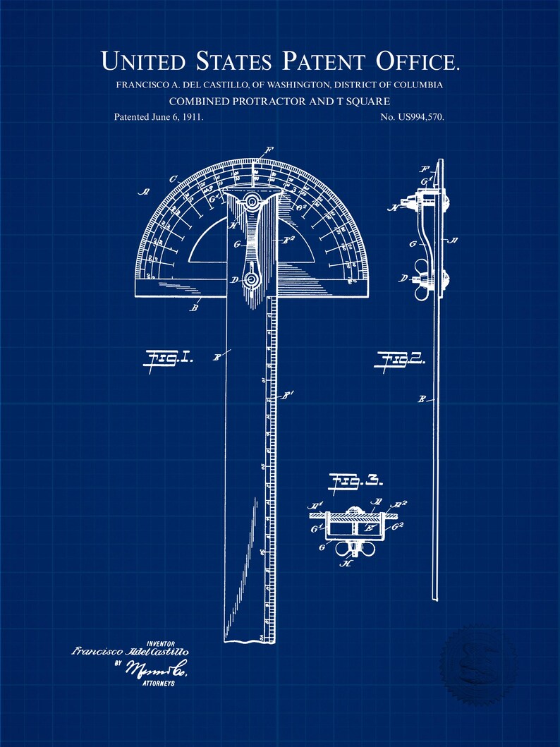 Architectural Protractor Art | 1911 Protractor & T-square Patent | Gift ...