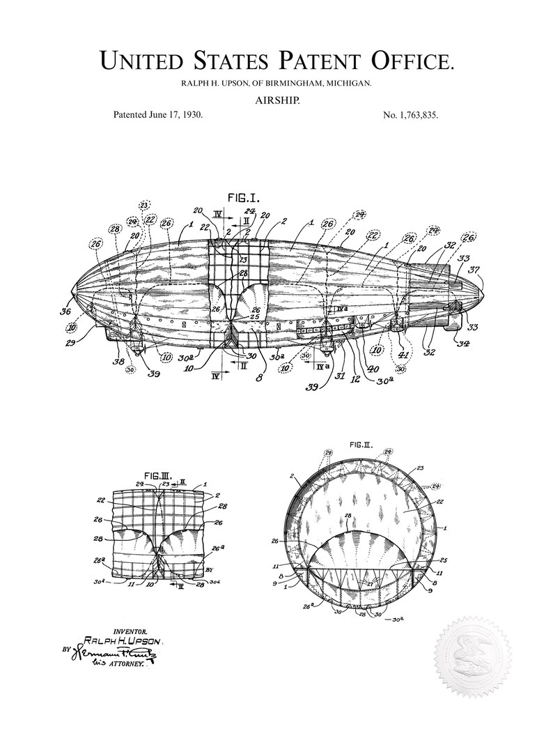 Vintage Blimp Art | 1930 Airship Patent | Perfect Gift for Aviation and ...
