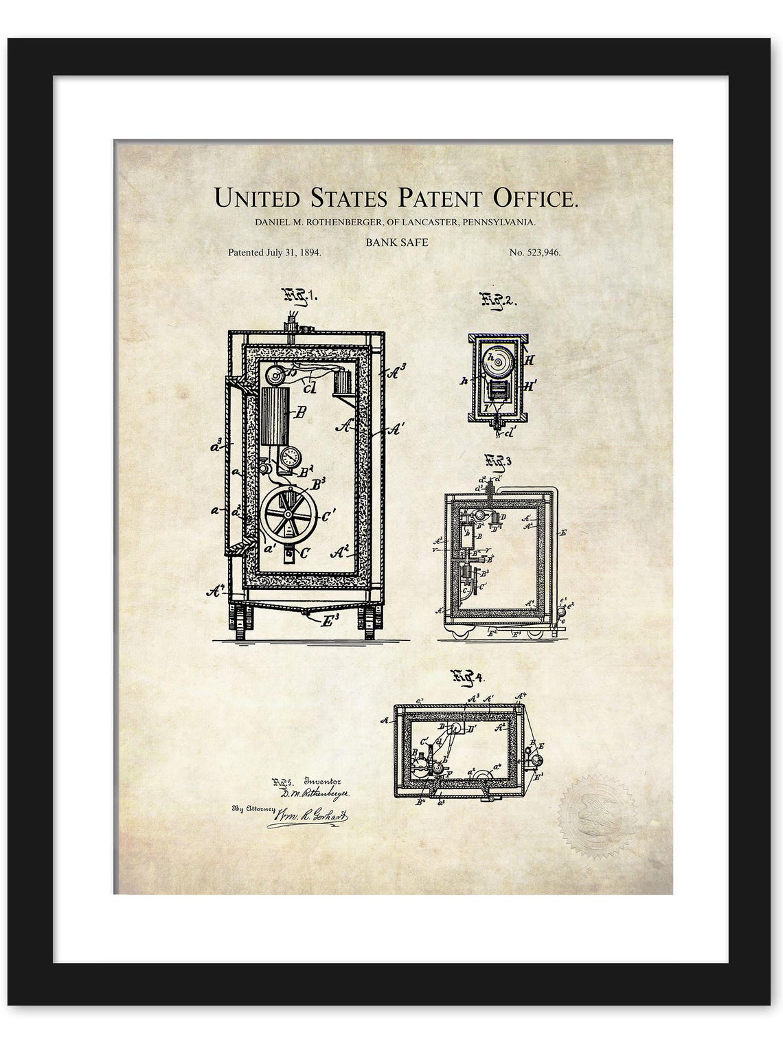 Vintage Bank Safe Design | Print of 1894 Patent | Finance Office Wall ...