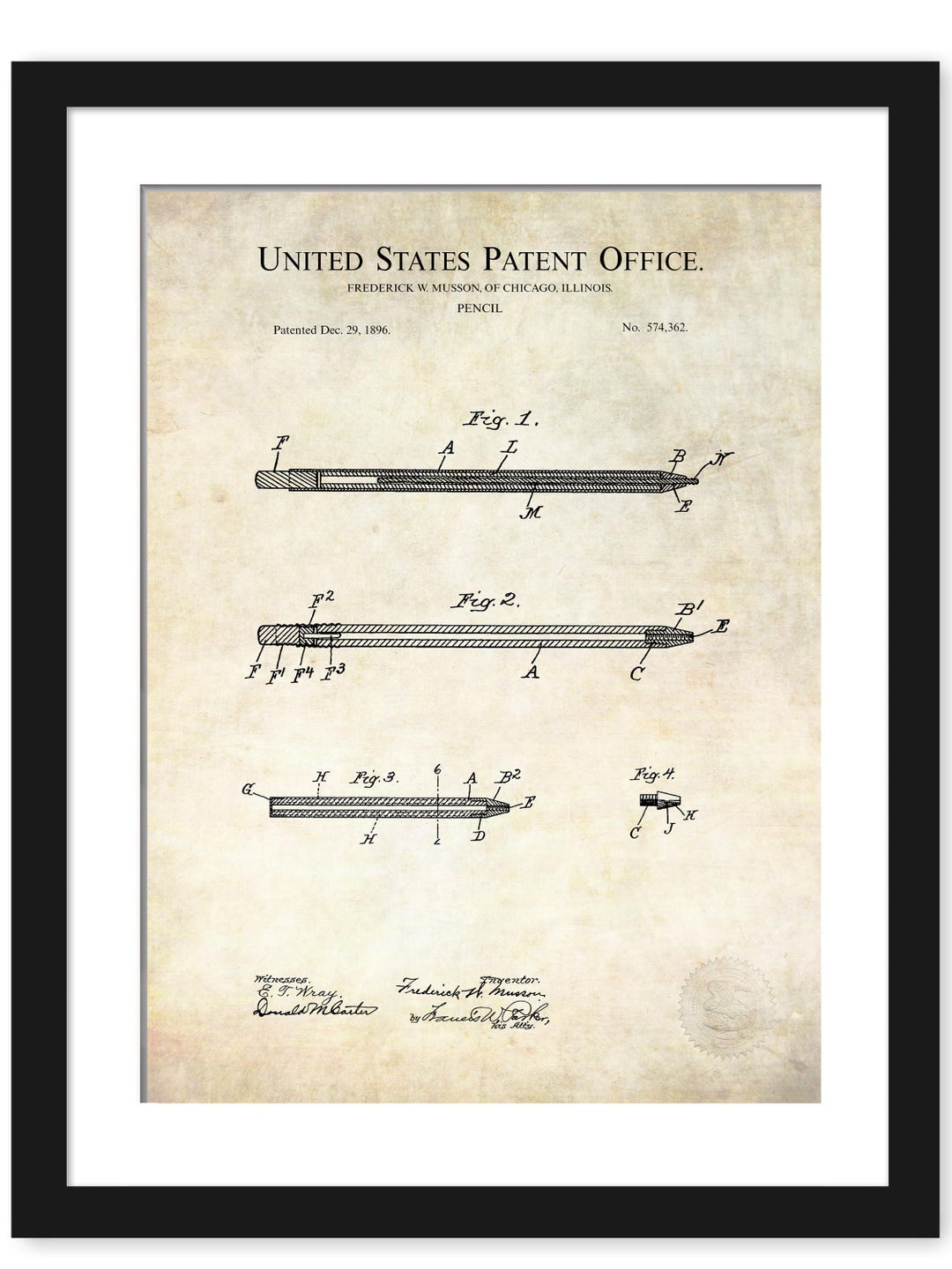 Vintage Pencil Design | 1896 Writing Tool Patent | Office Decor Gift ...
