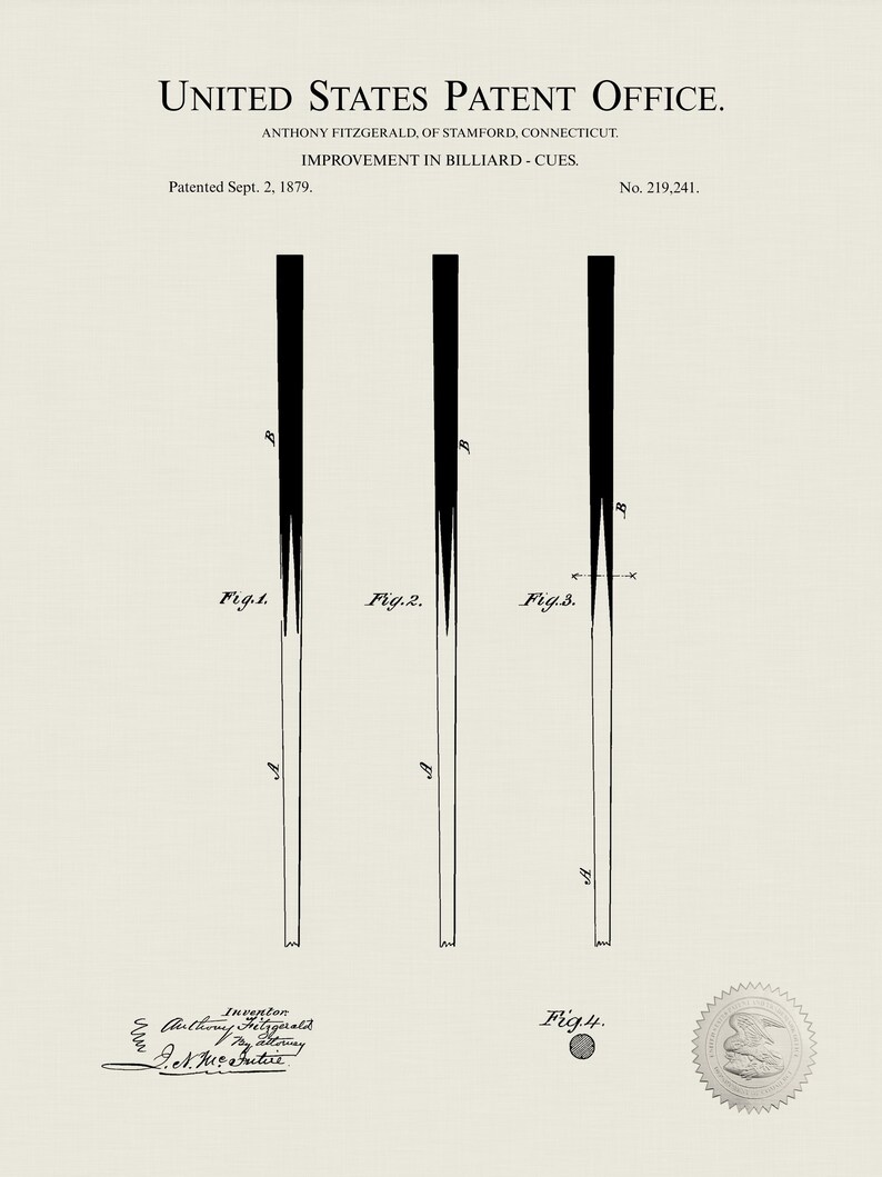 Vintage Billiard Decor | 1873-1879 Pool Table, Cue, Rack Patents | Game ...