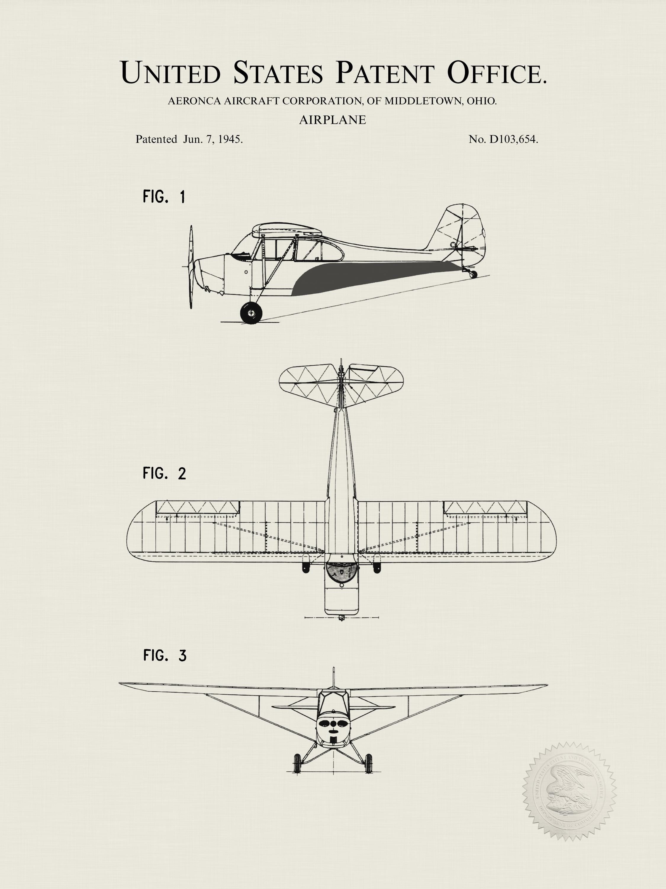 Vintage Aircraft Art | 1945 Aeronca C7 Patent Reproduction | Gift for ...