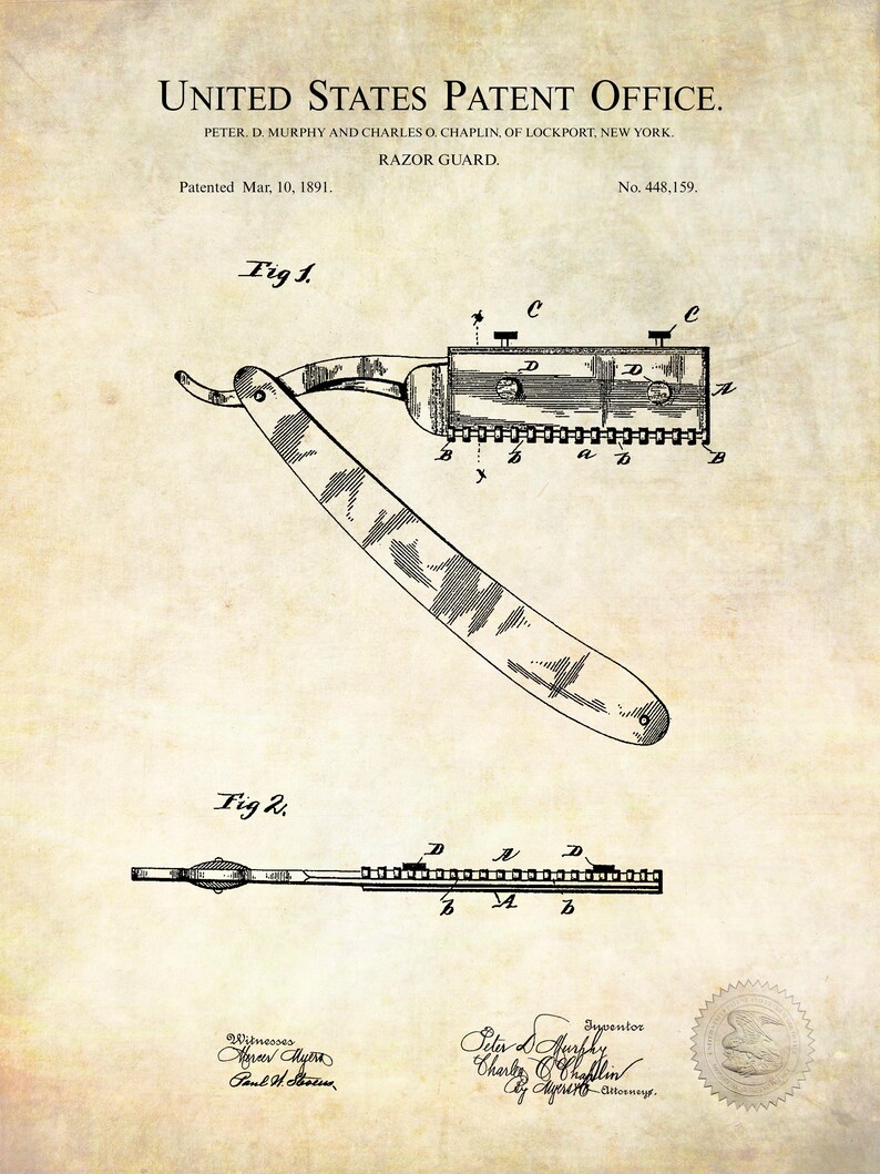Antique Straight Razor Print | 1891 Razor Patent | Classic Grooming ...