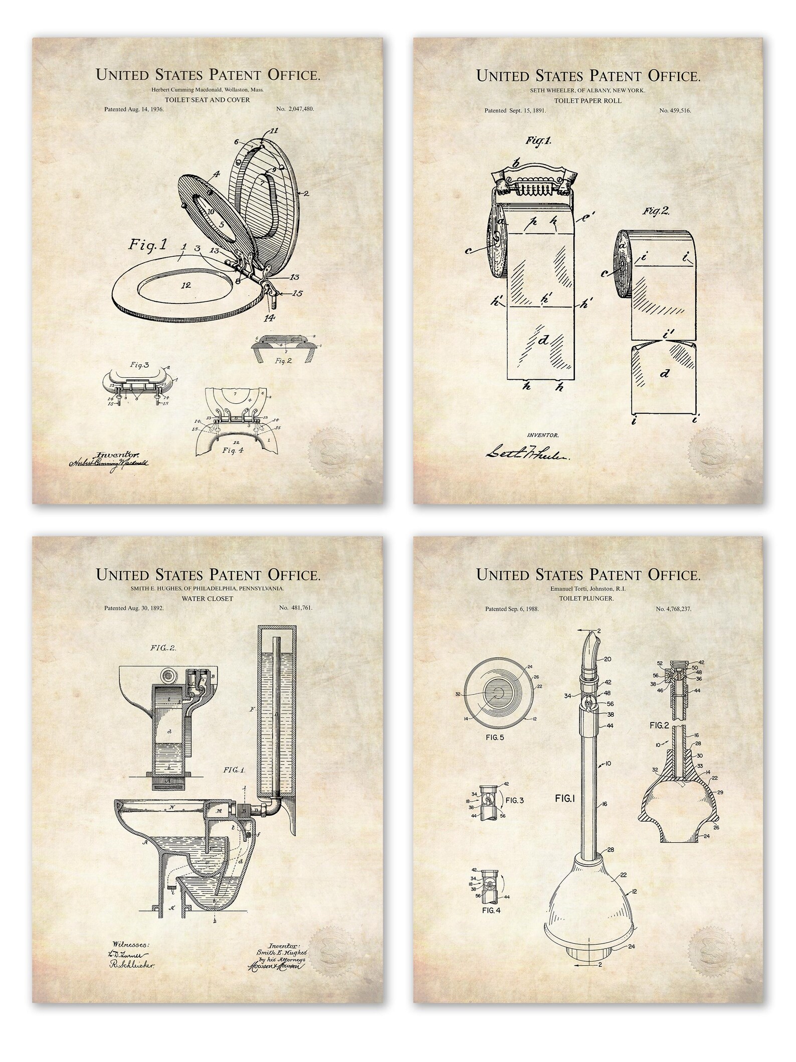 Unique Bathroom Wall Art | Vintage Patents of Toilet Paper Roll, Water ...