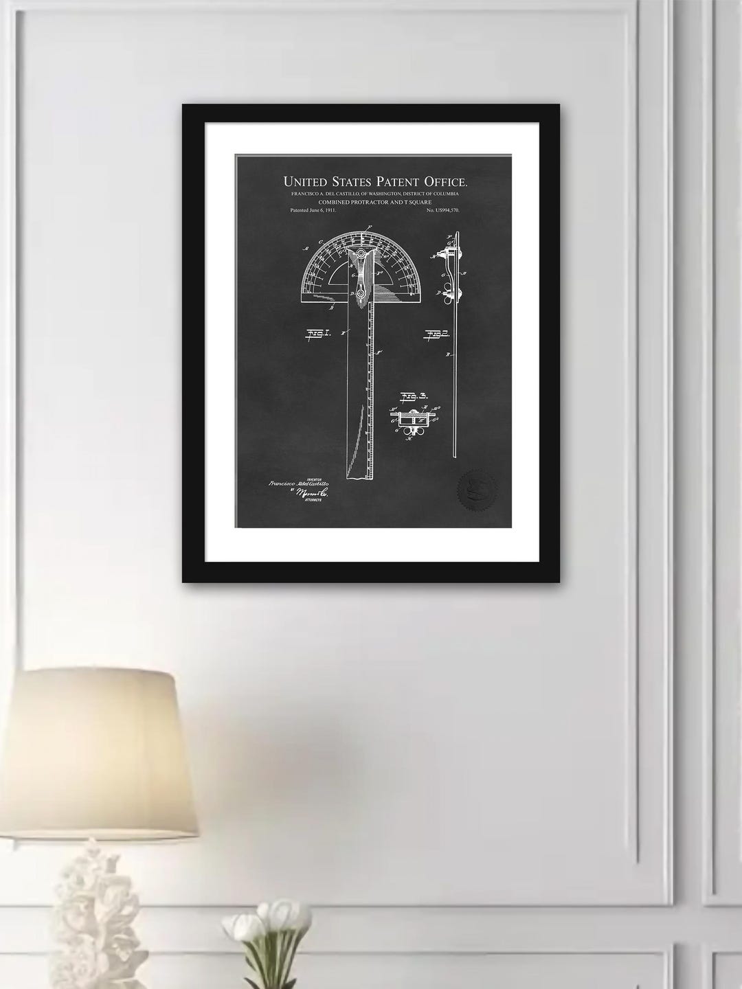 Architectural Protractor Art | 1911 Protractor & T-square Patent | Gift ...