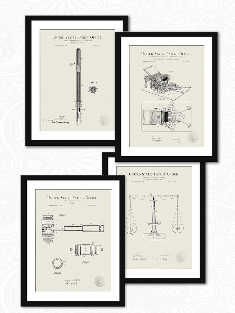 Antique Law Office Prints | Set of 4 Vintage Legal Patents | Unique ...