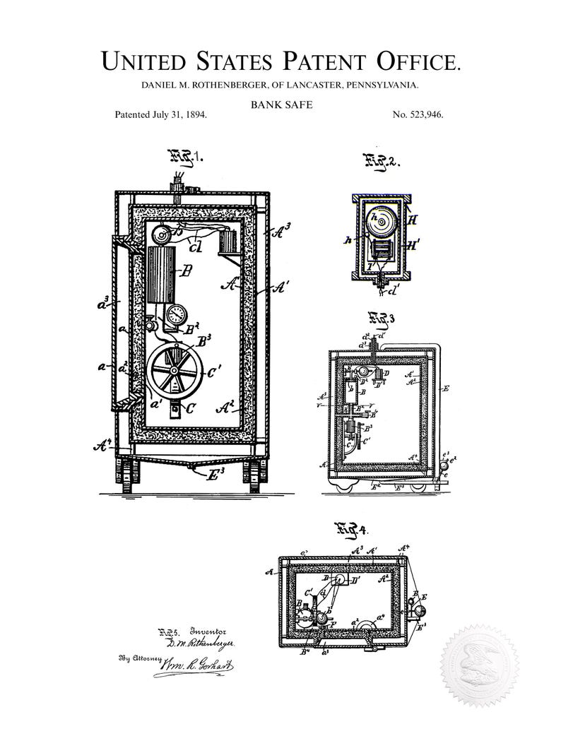 Vintage Bank Safe Design | Print of 1894 Patent | Finance Office Wall ...