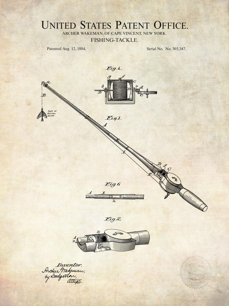 1884 Fishing Tackle Patent | Wall Art Print | Vintage Angler Decor ...