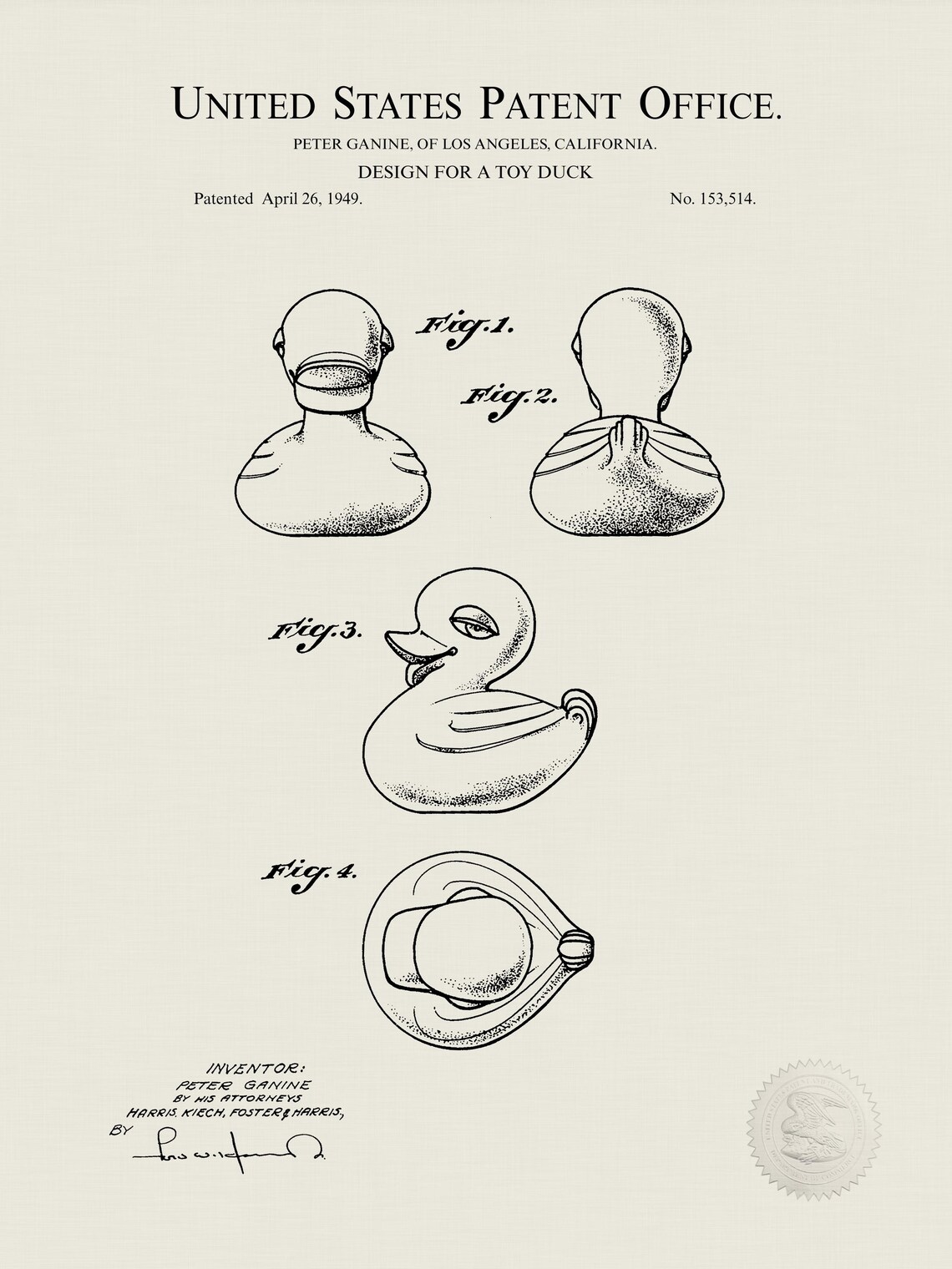 Antique Toy Duck Patent Prints | 1949 & 1988 Duck Toy Patents | Set of ...
