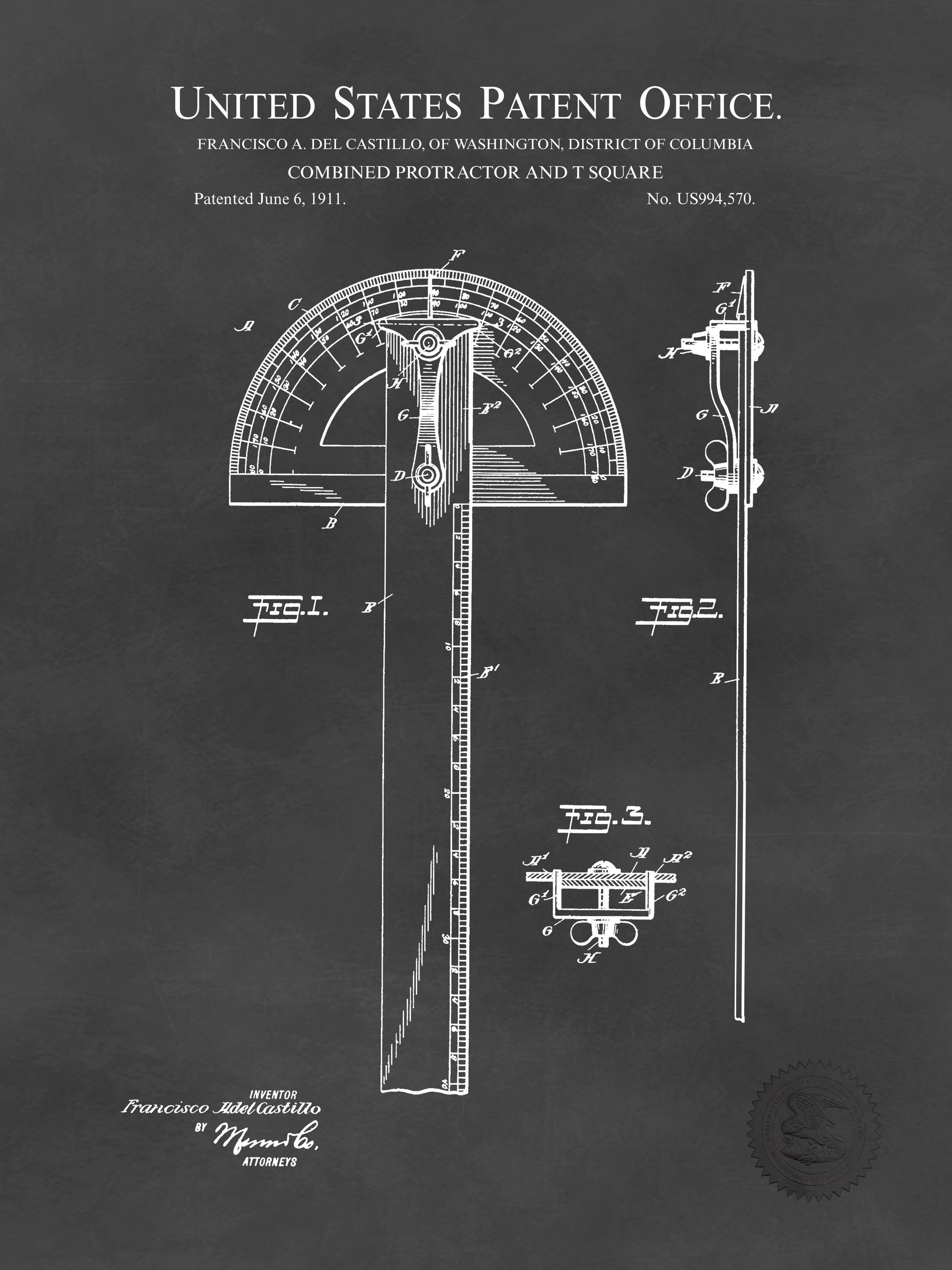 Architectural Protractor Art | 1911 Protractor & T-square Patent | Gift ...