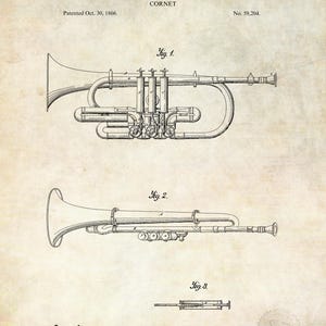 Vintage Music Art | 1866 Cornet Design Patent | Vintage Brass ...