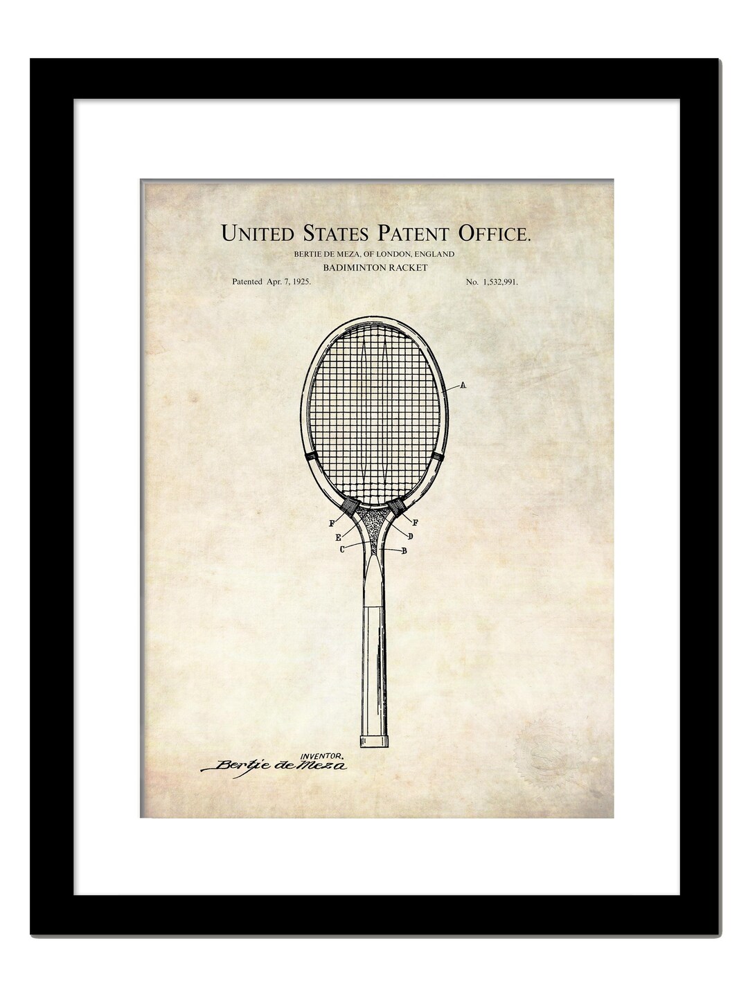 Vintage Badminton Racket Print | 1925 Sports Equipment Patent | Unique ...