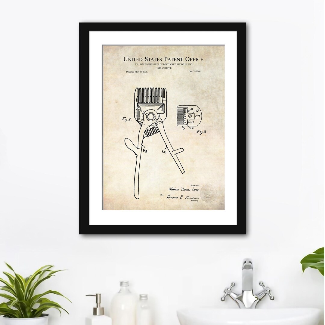 Hair Salon Decor | 1905 Hair Clipper Patent | Classic Grooming ...