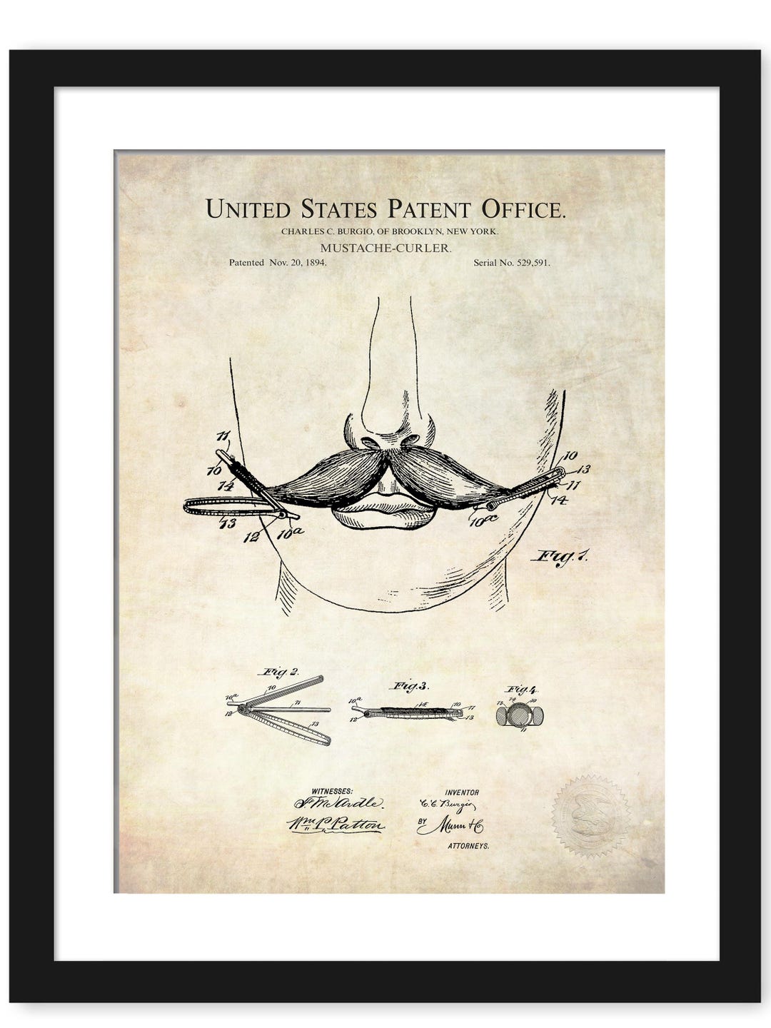 Whimsical Bathroom Decor | 1894 Moustache Curler Patent | Fun Bathroom ...