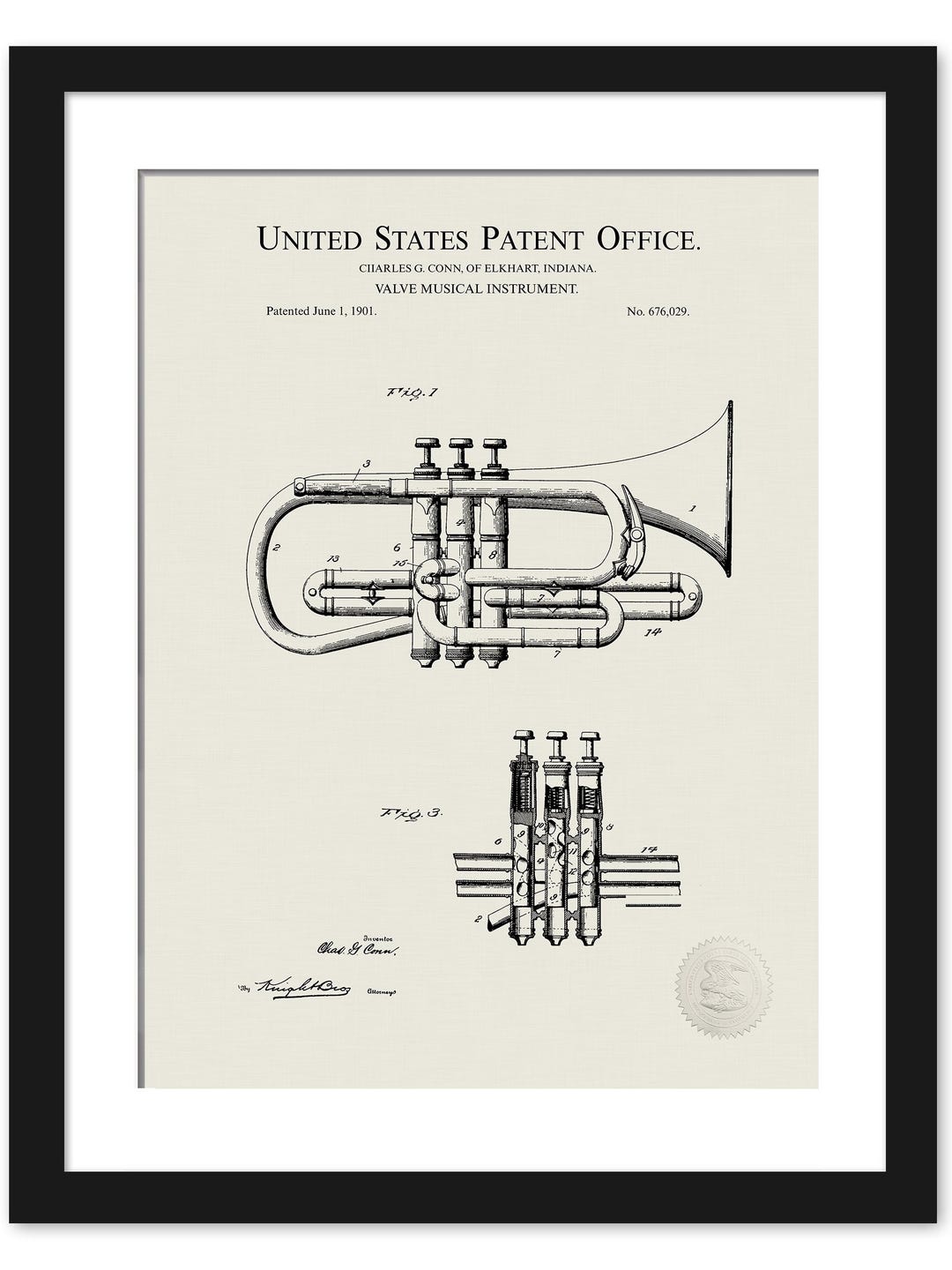 Antique Wind Instrument Design | Print of 1888 Patent | Wind Instrument ...