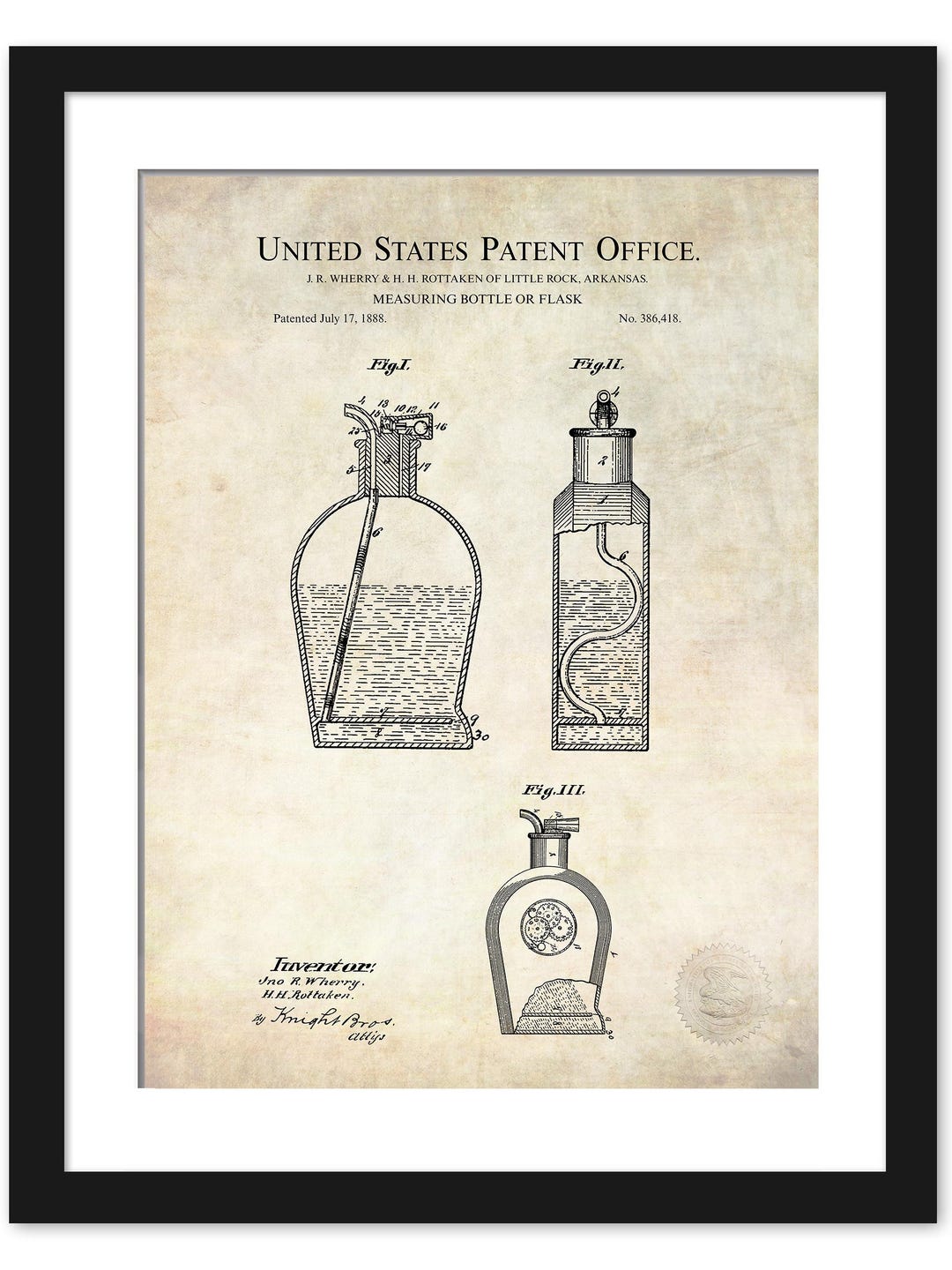 Vintage Flask Print 1888 Measuring Bottle Patent Barware Wall Art Home ...