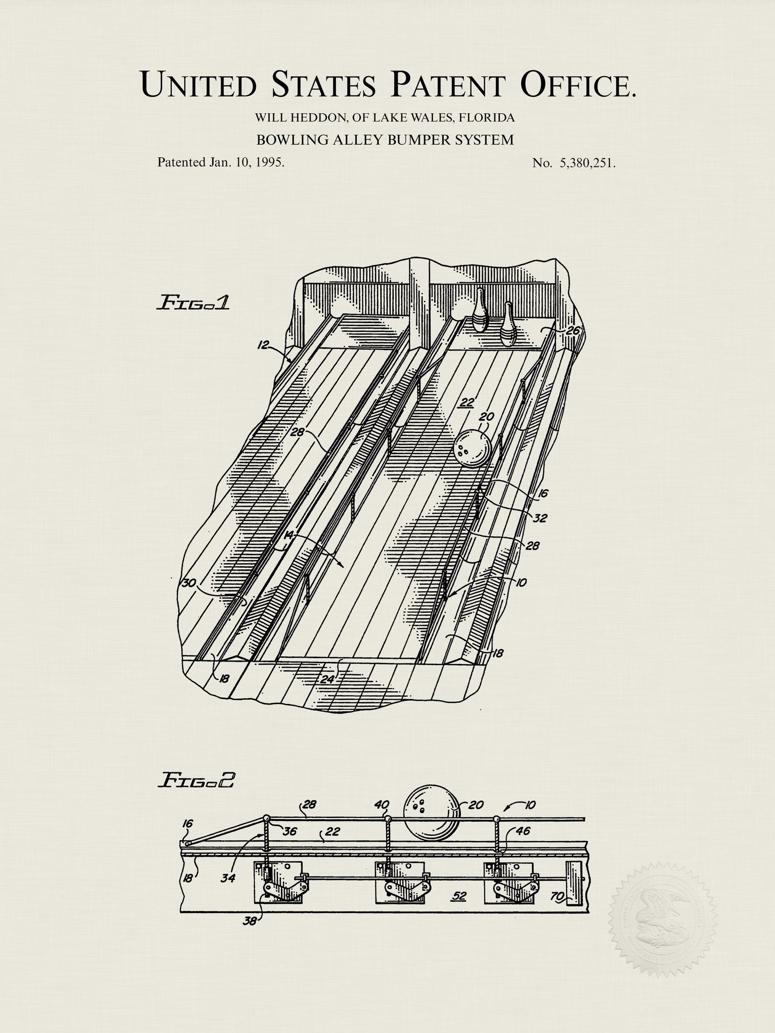 Vintage Bowling Lane Print | 1995 Bumper System Patent | Game Room Wall ...
