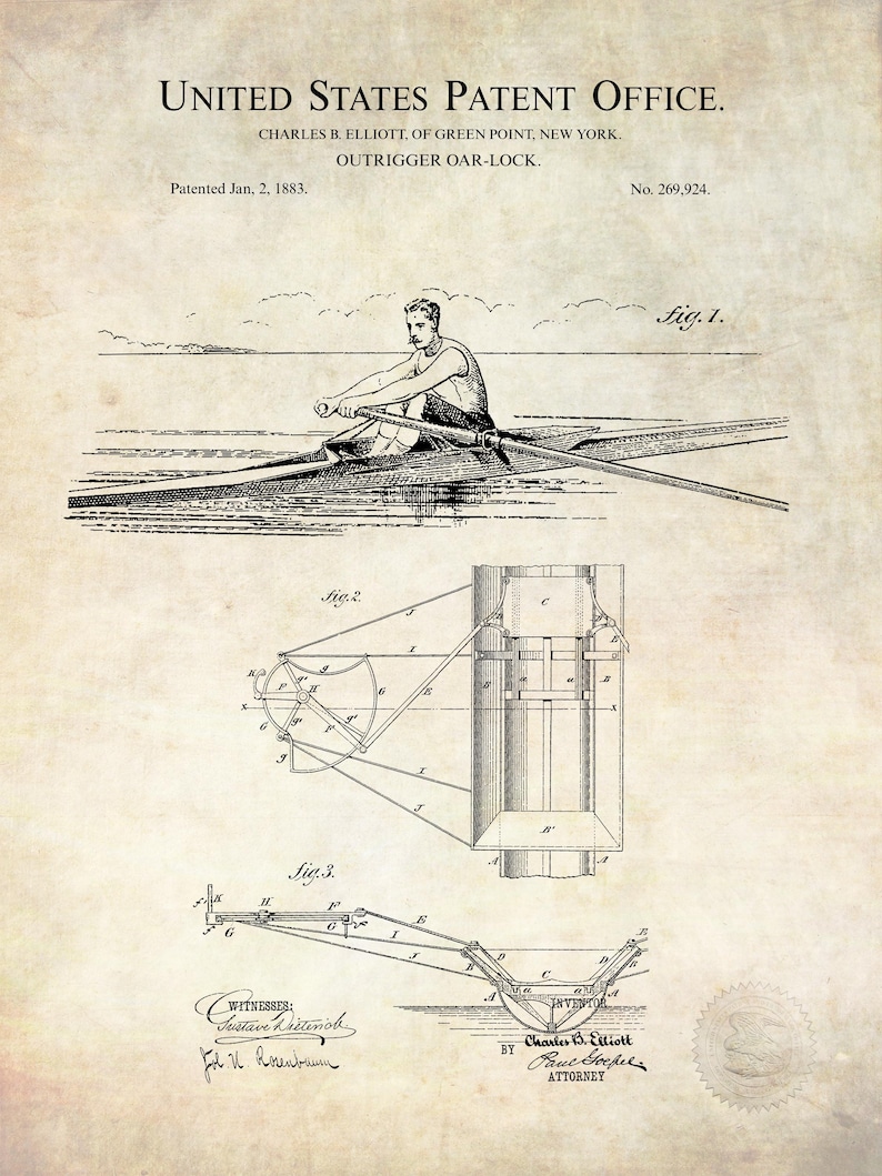 Vintage Rowing Decor | 1883 Outrigger Oar-lock Patent | Unique Gift for ...