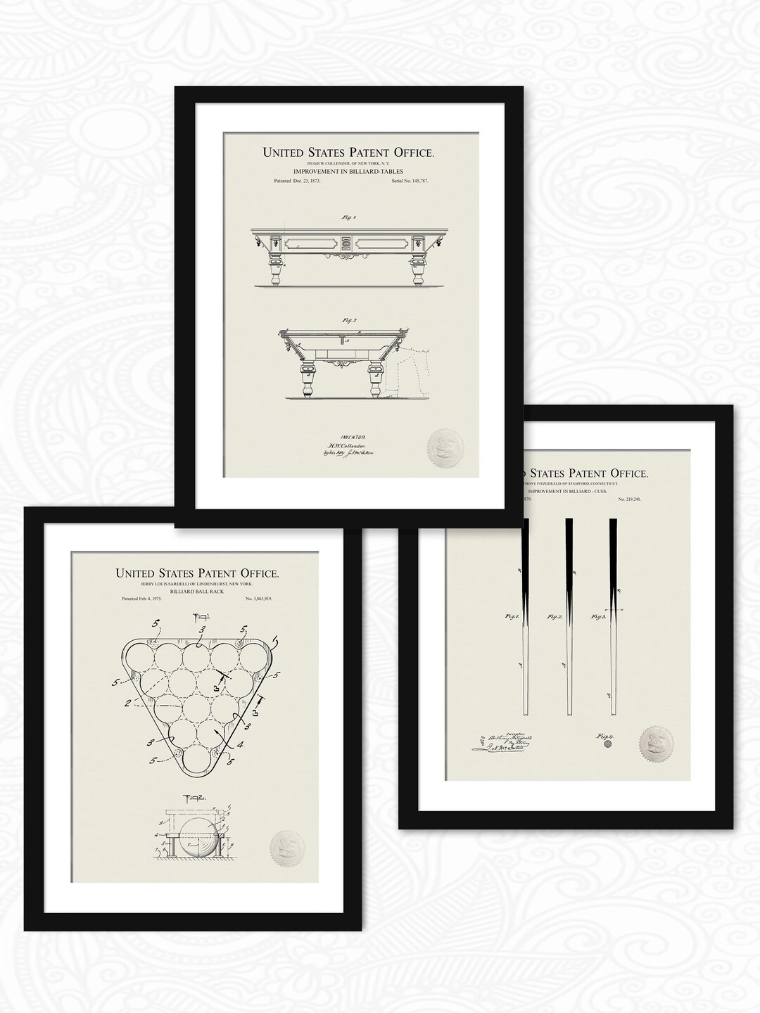Vintage Billiard Decor | 1873-1879 Pool Table, Cue, Rack Patents | Game ...