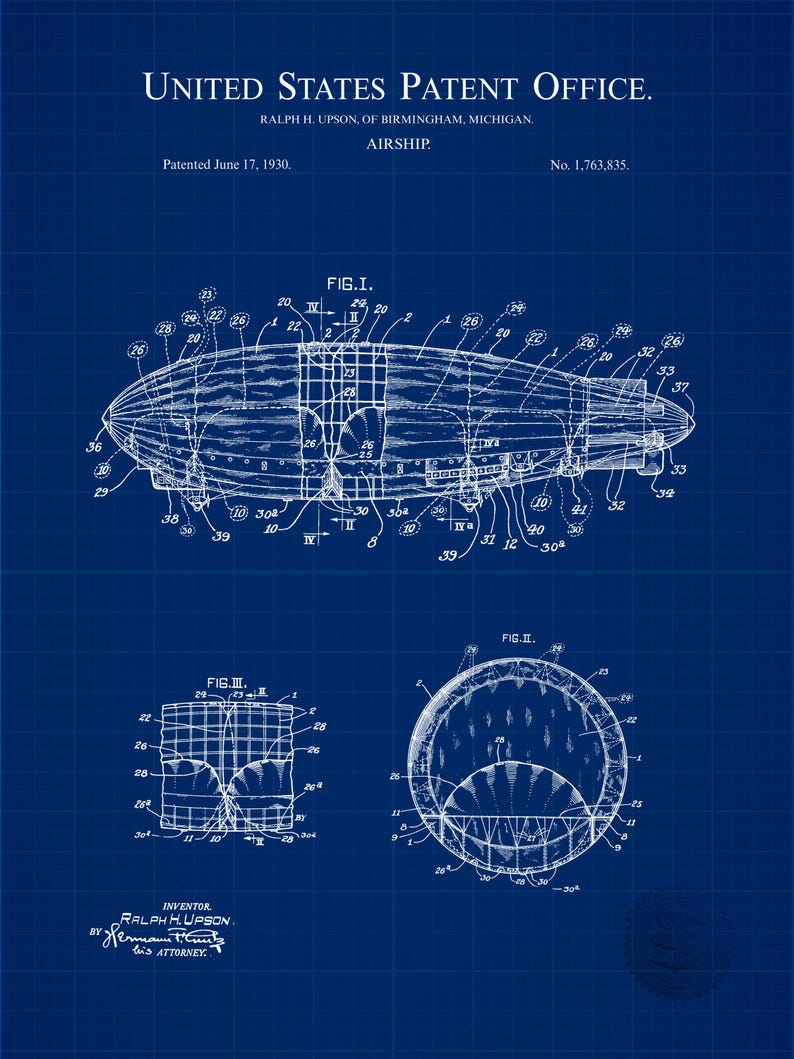 Vintage Blimp Art | 1930 Airship Patent | Perfect Gift for Aviation and ...
