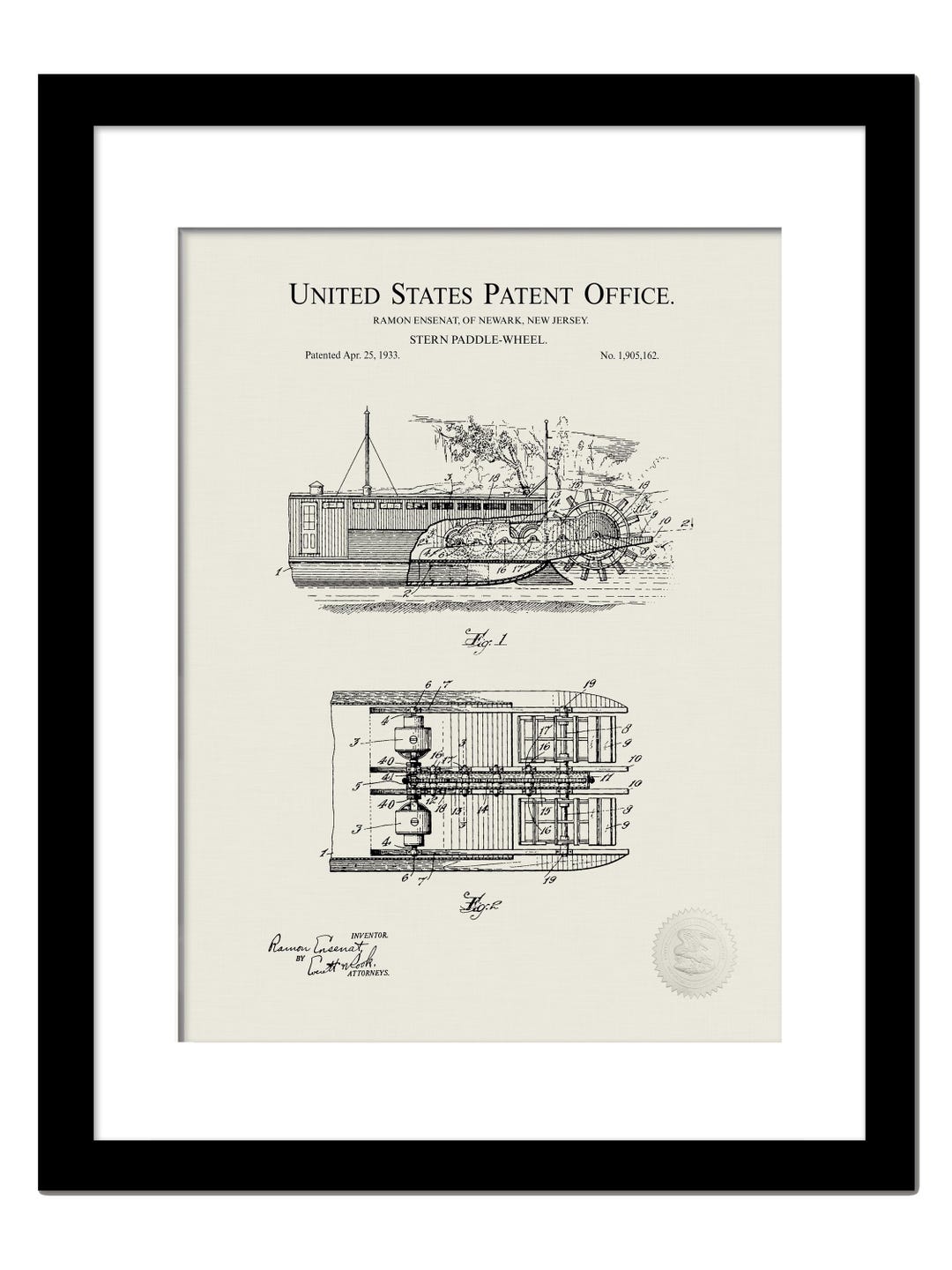 Stern Paddle-wheel Print | 1933 Steamboat Engineering Patent | Unique ...