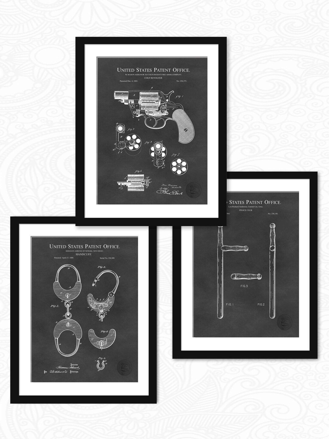 Classic Police Gear Set | Colt Revolver, Handcuff & Police Club Patents ...