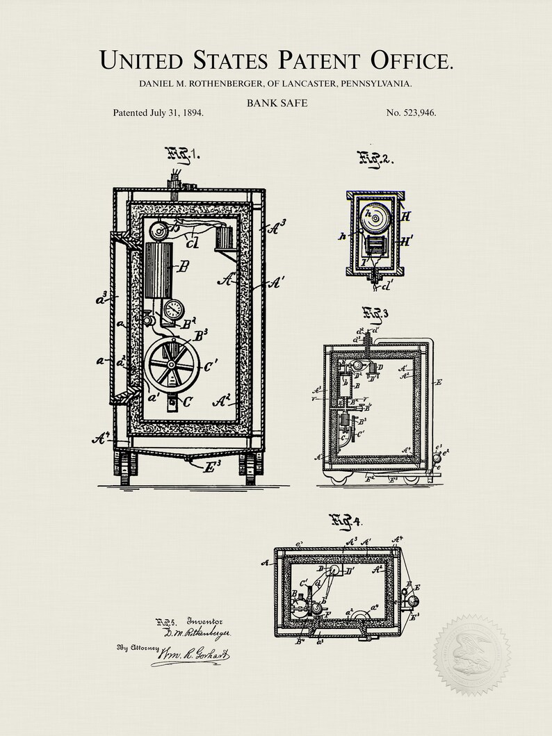 Vintage Bank Safe Design | Print of 1894 Patent | Finance Office Wall ...
