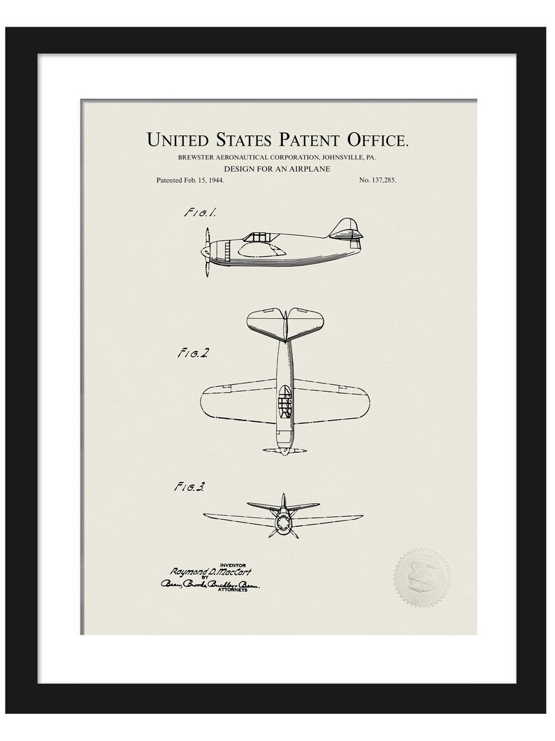 Buffalo Fighter Aircraft Design Patent | 1944 Brewster Aeronautical ...