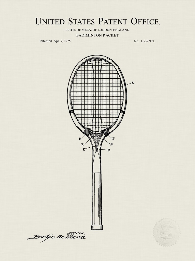 Vintage Badminton Racket Print | 1925 Sports Equipment Patent | Unique ...