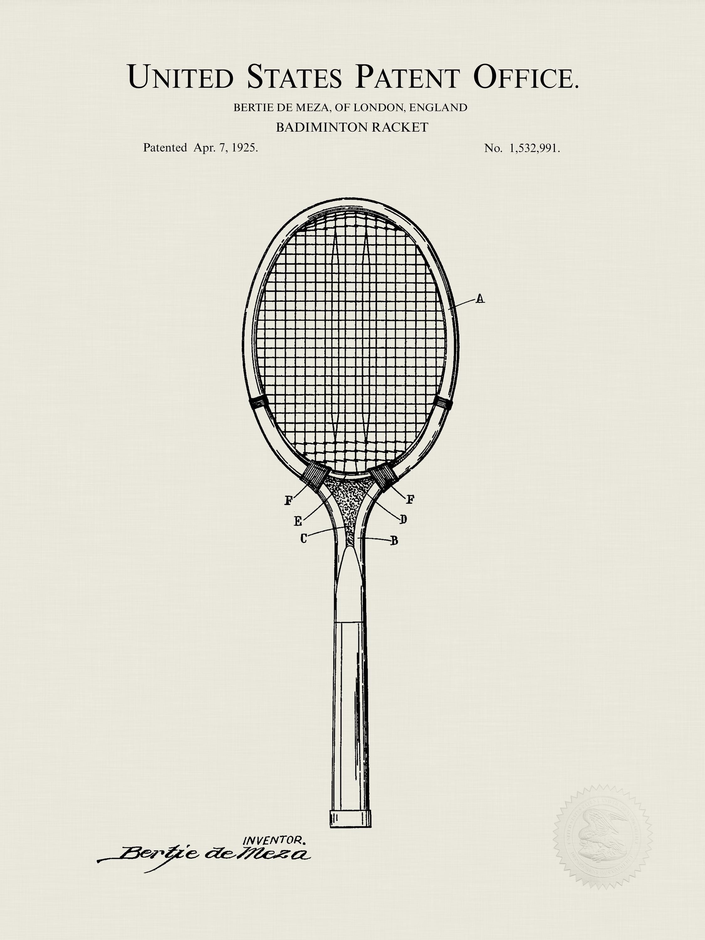 Vintage Badminton Racket Print | 1925 Sports Equipment Patent | Unique ...