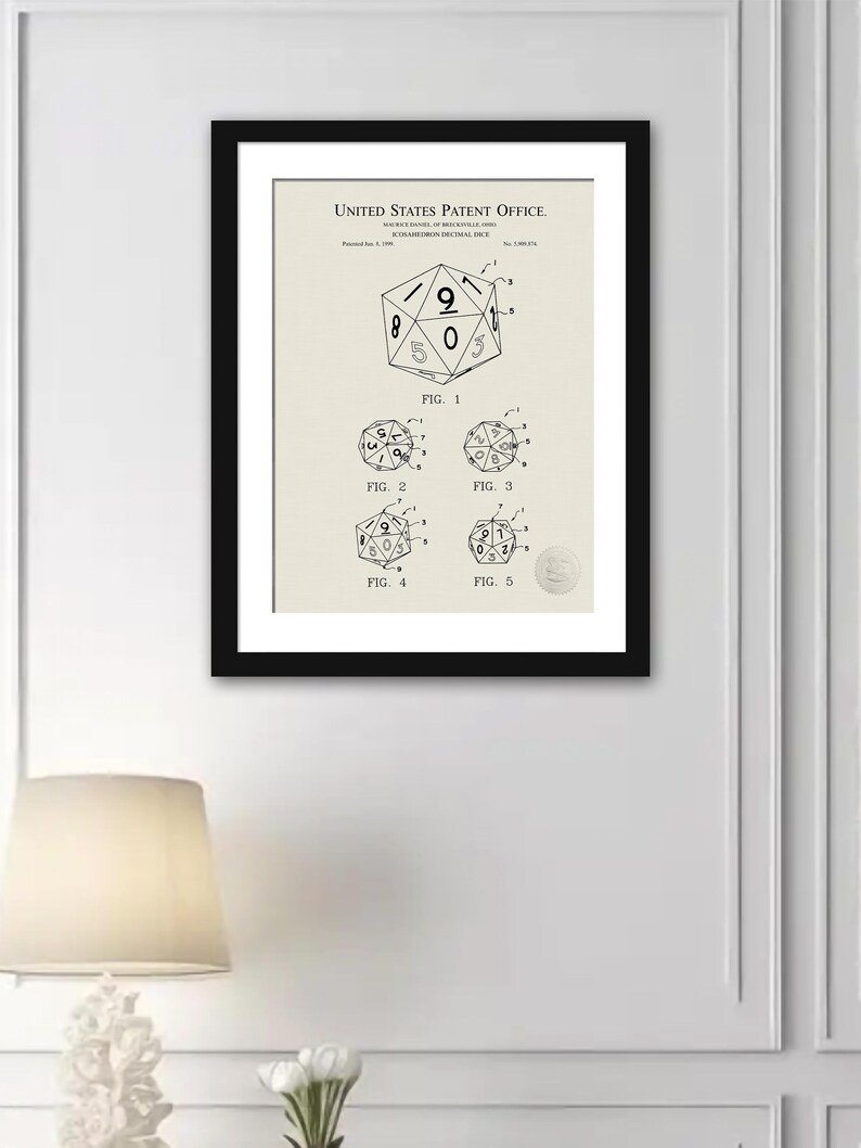 Classic Gaming Decor | 1999 Icosahedron Dice Patent | Dungeon and ...