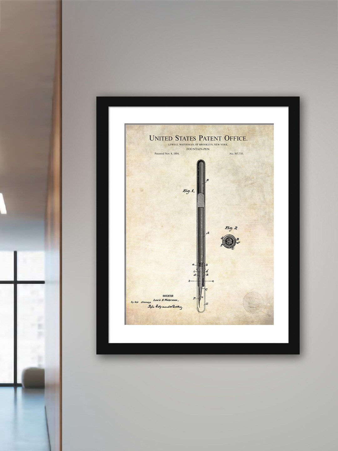 Classic Office Decor | 1884 Waterman Fountain Pen Patent | Gift for ...