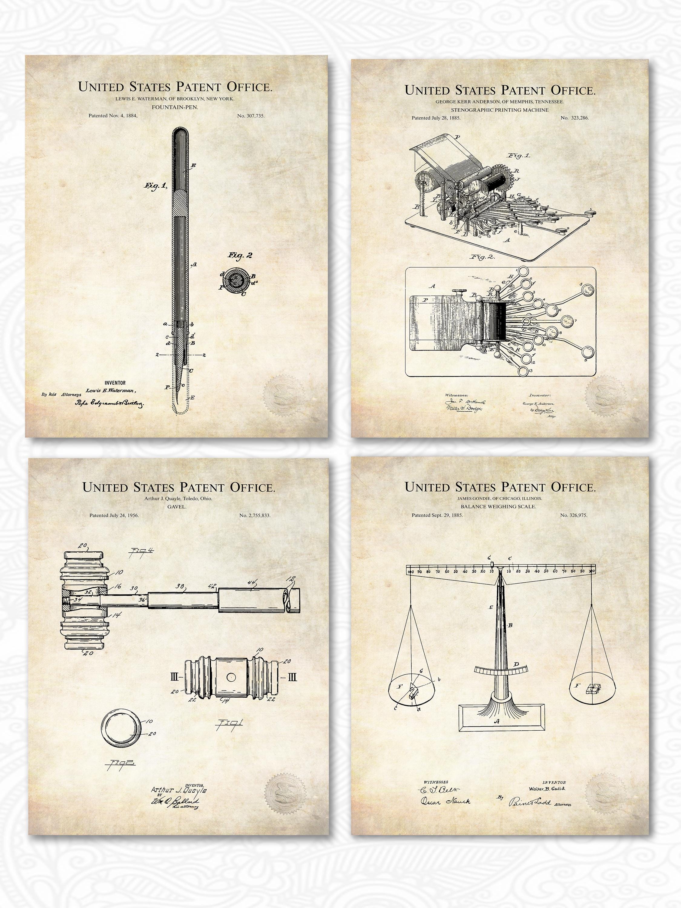 Antique Law Office Prints | Set of 4 Vintage Legal Patents | Unique ...