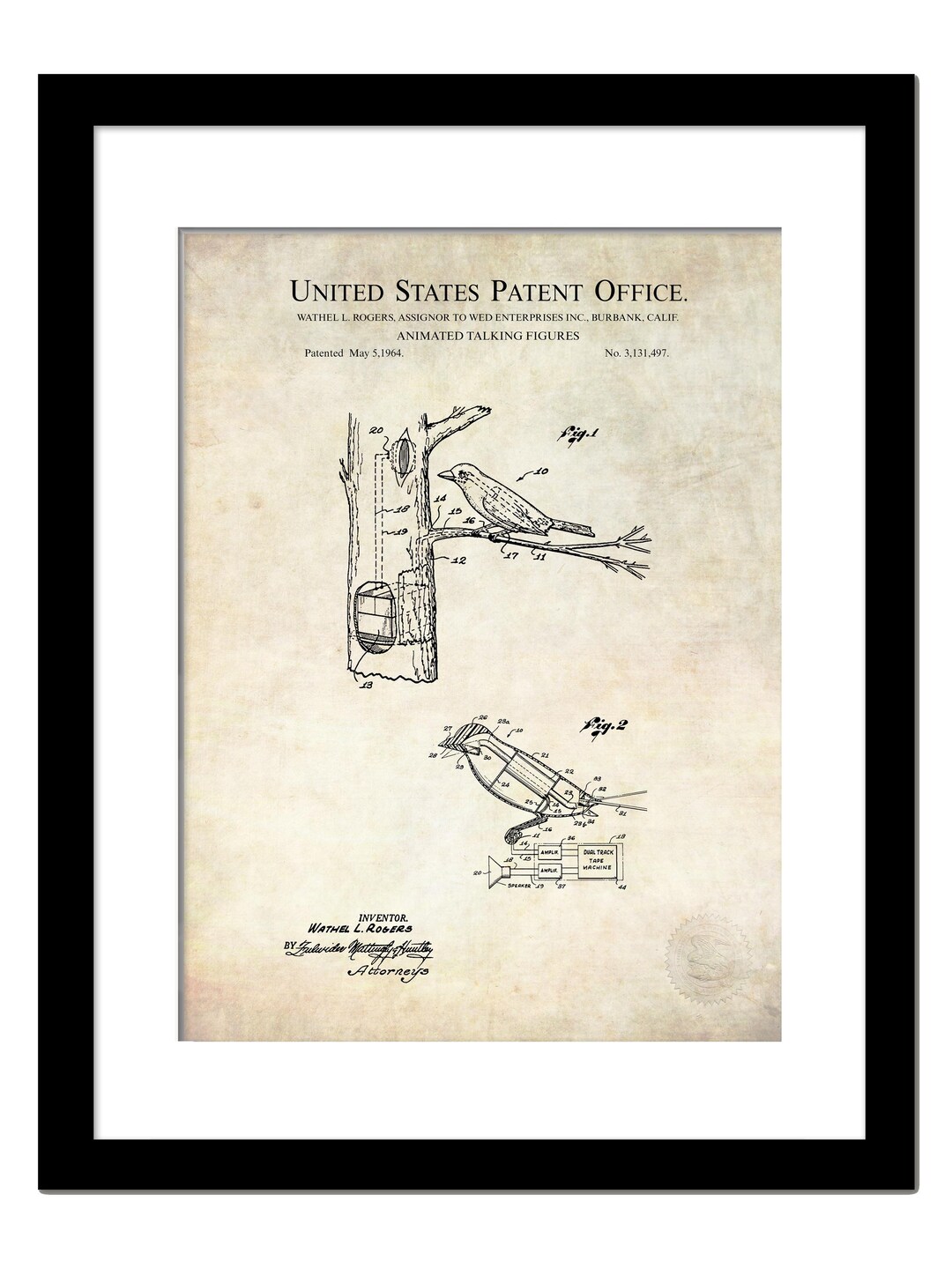 Animatronic Bird Print | 1964 WED Enterprises Talking Figure Patent ...