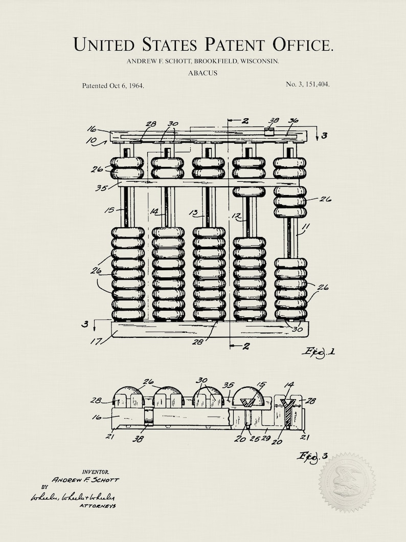 Vintage Abacus Print | 1964 Counting Tool Patent | Educational Math ...