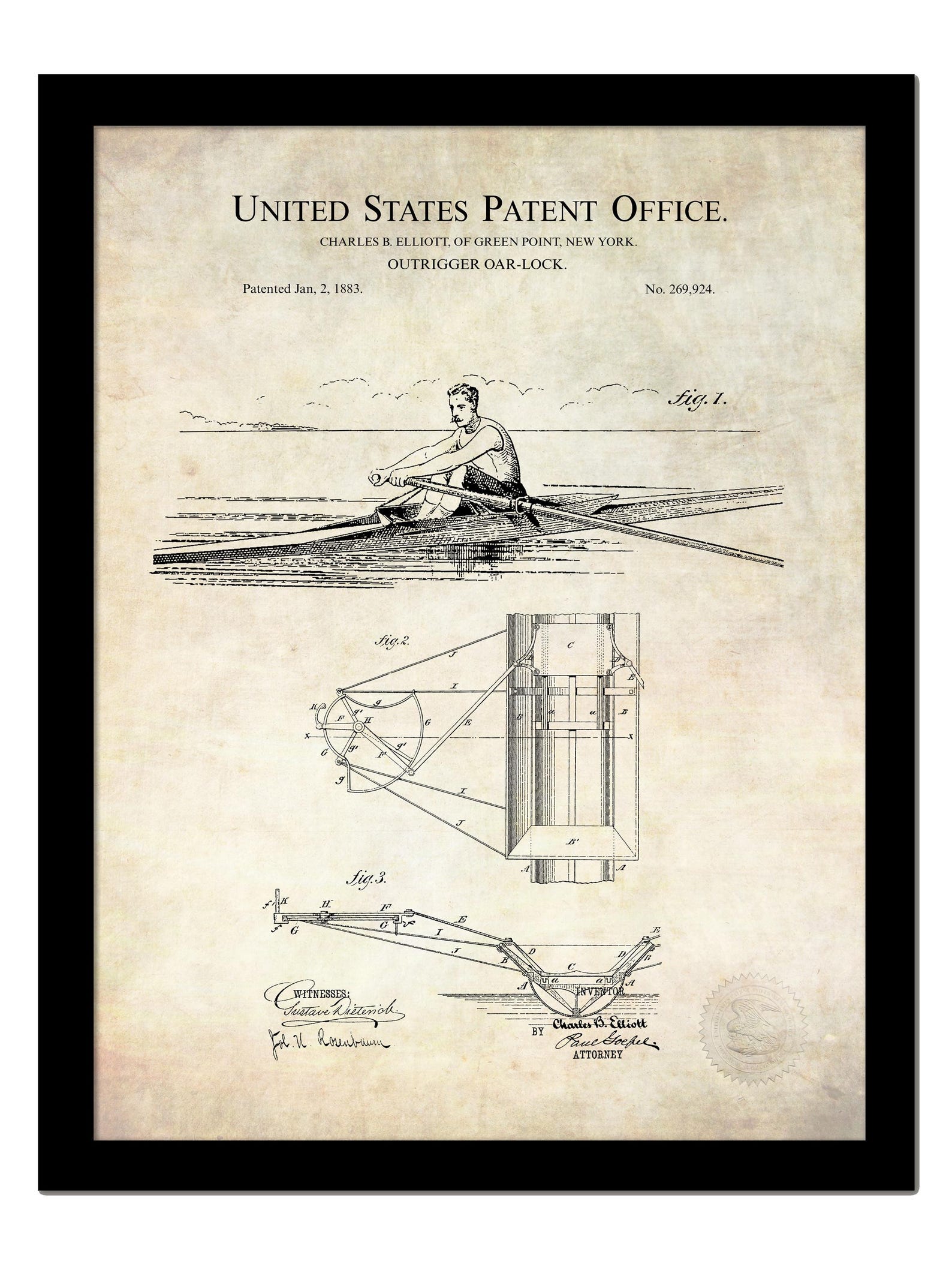 Vintage Rowing Decor | 1883 Outrigger Oar-lock Patent | Unique Gift for ...